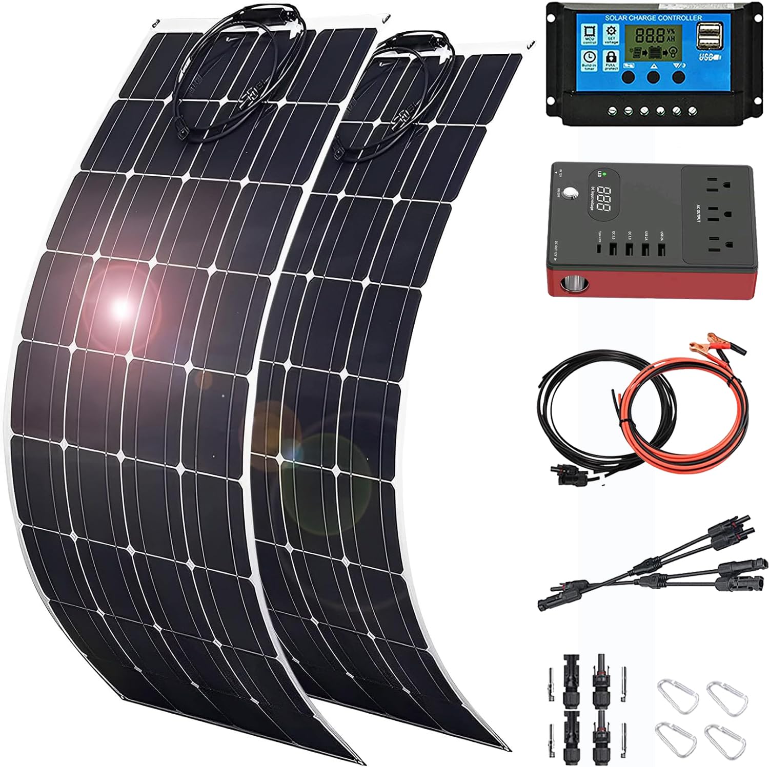 LOPMQRV 800 Watt Solar Panel Kit, with 1pcs car Inverter & 1pcs 40A Charge Controller 2pcs 400 Watt Flexible Monocrystalline Solar Panel for 12-24V Battery Charging Car Battery Camper RV Yacht Boat