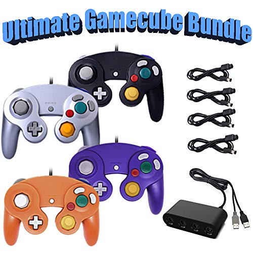 King Smart 4 Pack Gamecube Controller Bundle, with 4 Gamecube Extension Cables and 4-Port Gamecube Adapter for Wii U/Switch/PC (Black/Silver/Purple/Orange)