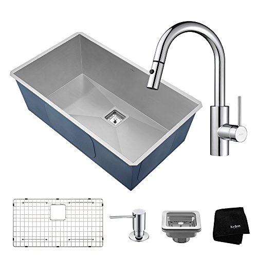 Kraus KHU32-2620-41CH 31 ½ Inch Chrome Combo with Pax Zero-Radius Handmade Undermount Bowl 16 Gauge Stainless Steel Sink and Oletto Single Handle Pull Down Kitchen Faucet with Soap Dispenser
