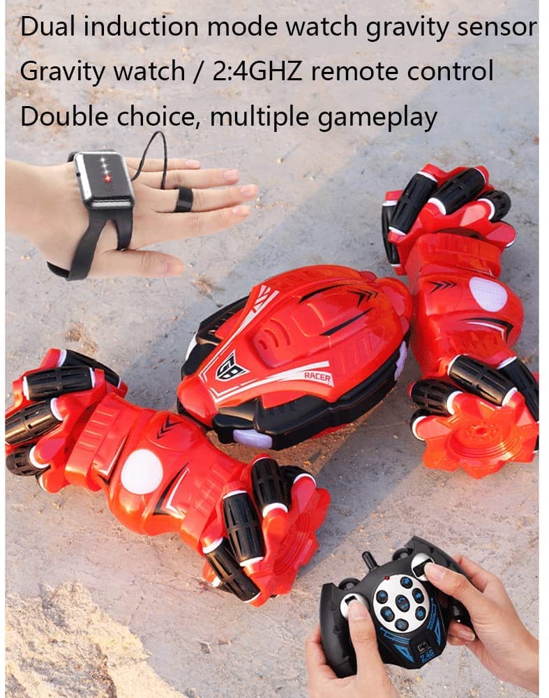 RC Stunt Car, 4WD 2.4GHz Remote Control Car Deformable All-Terrain Off Road Car, 360 Degree Flips Double Sided Rotating Race Car with Gesture Sensor Watch Lights Music for Kids (Red) S97