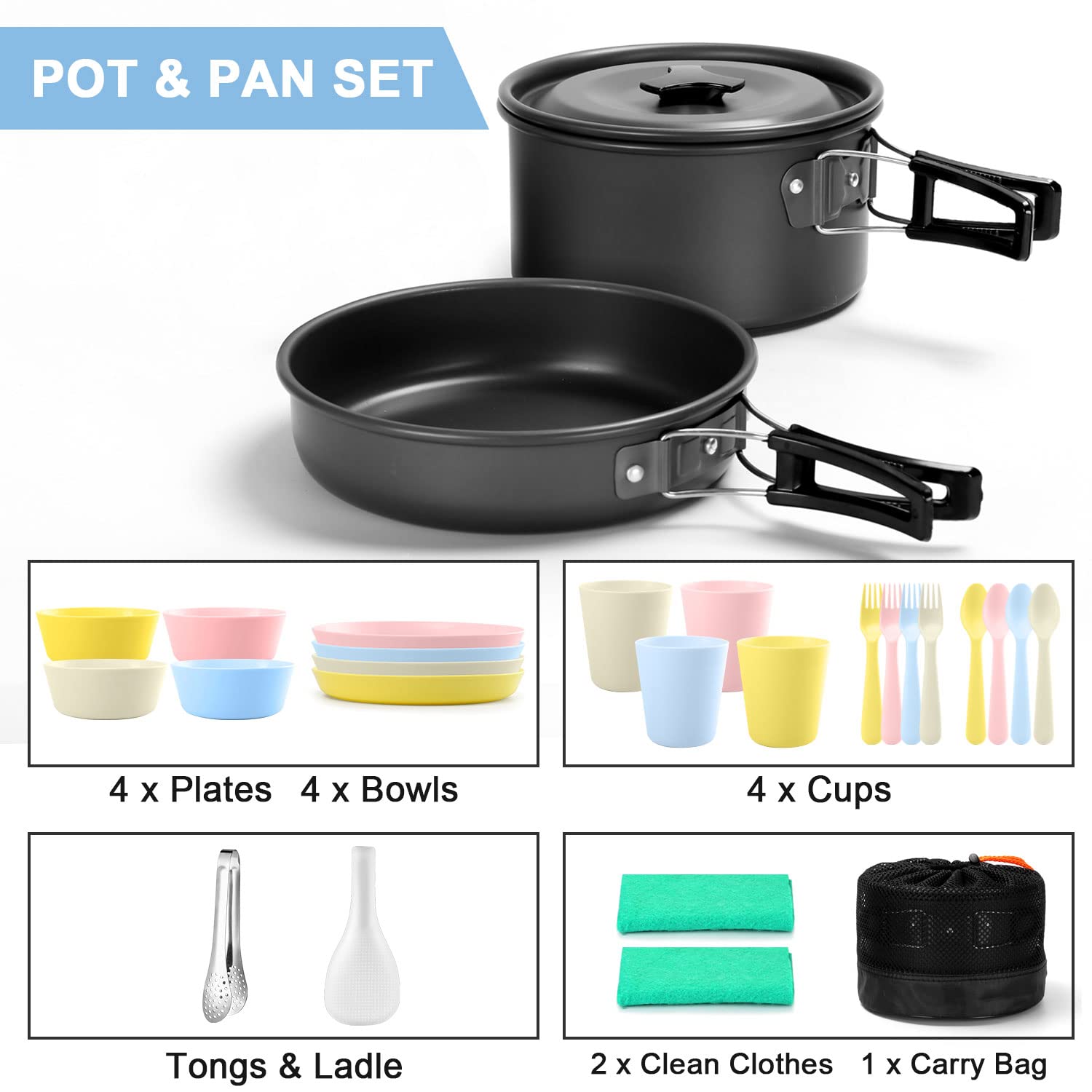 Odoland 27pcs Camping Cookware Mess Kit, Backpacking Cookware Pot Pan with Camp Plates Cups and Bowls, Non-Stick Portable Cookware Set for Outdoor Cooking, Camping Hiking, and Picnic