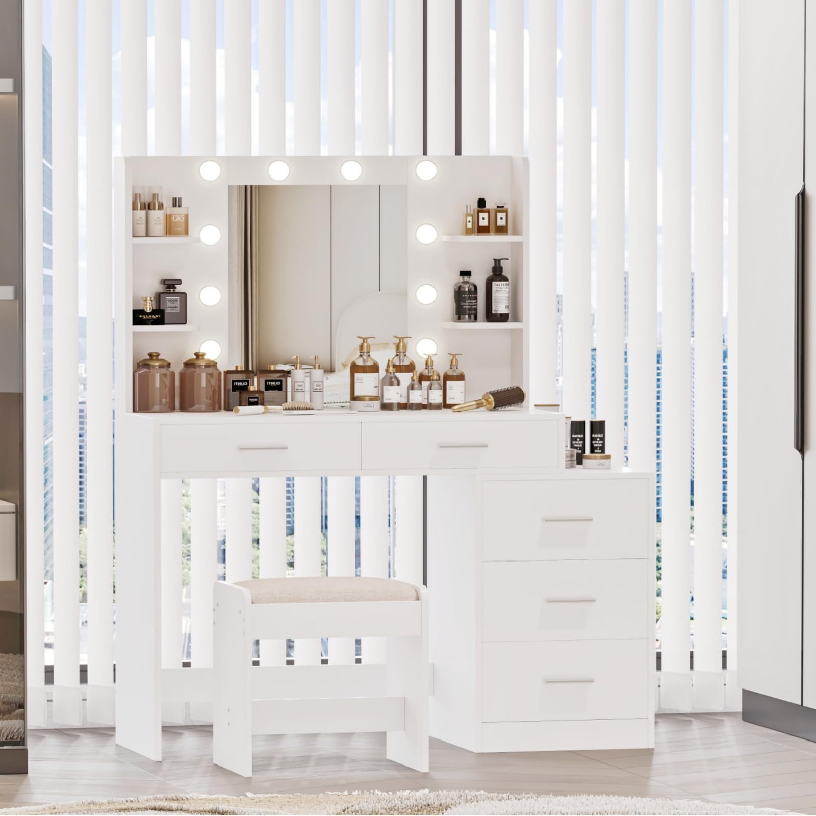 Keehusux Vanity Desk with Charging Station and Side Cabinet, Makeup Table with 3-Color Dimmable Lighted Mirror, Bedroom Makeup Vanity Table with 5 Drawers and Open Storage for Women, White KES003WSZT