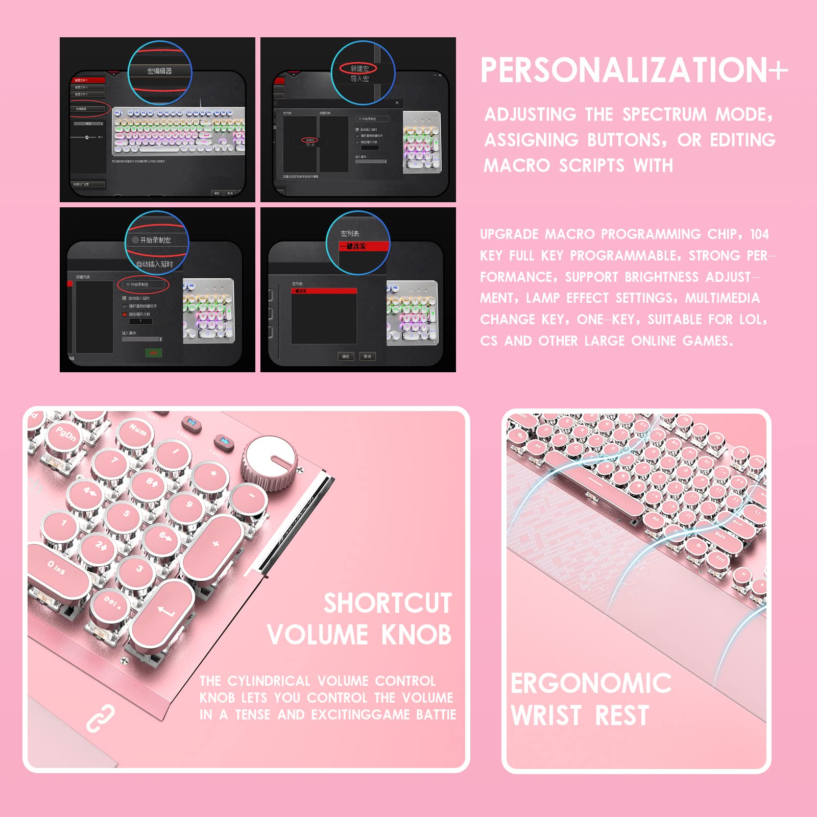 Pink Mechanical Keyboard, Retro Typewriter Keyboard with White LED Backlit USB Wired Keyboards for Gaming and Office, Round Keys Keyboard with Removable Wrist Rest, Multimedia Control for Mac/PC