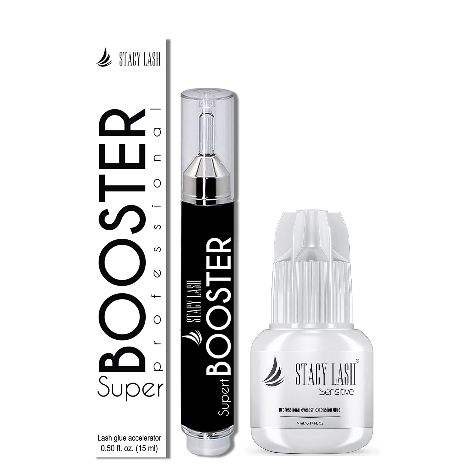 Super Booster for Eyelash Extensions 15ml + Sensitive Eyelash Extension Glue 5ml - Stacy Lash/Speeds Up Bonding Time in Low Humidity/Eyelash Extension Glue Activator/ 1-2 Sec Drying time