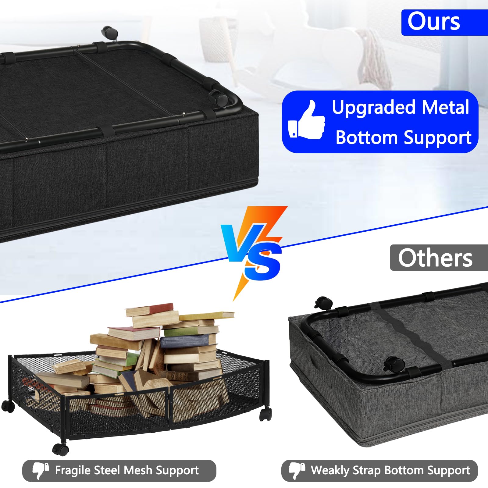 Under Bed Storage with Wheels Lid, Metal Bottom Support Under the Bed Storage Containers, Tall 8.7inch 50L Large Underbed Storage Drawer Organizer Bins for Clothes Blanket Toys 2 Pack