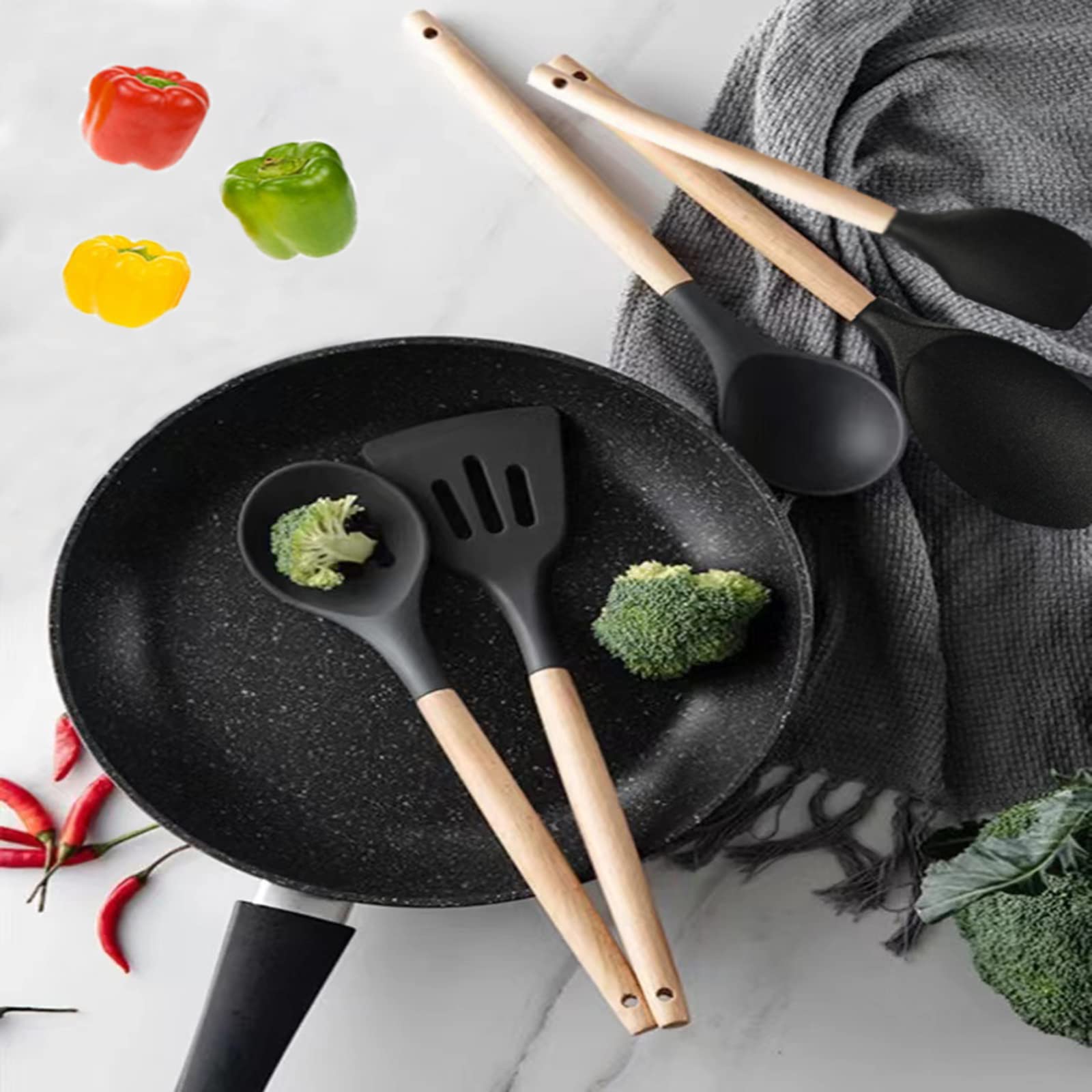Kitchen Silicone Utensil Set,12 Pcs Non-Stick Silicone Kitchen Cooking Utensils With Wood Handles,Kitchen Spatula Cookware Utensils Set for High Heat Resistant Silicone kitchen Gadgets Set(Black)