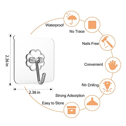 Wall Hooks for Hanging, Heavy Duty Adhesive Hooks, 20 Pack Removable Sticky Ceiling Hooks, Transparent Self Adhesive Shower Hooks,Water & Oil Proof Strong 22lb(Max) Door Coat Hooks