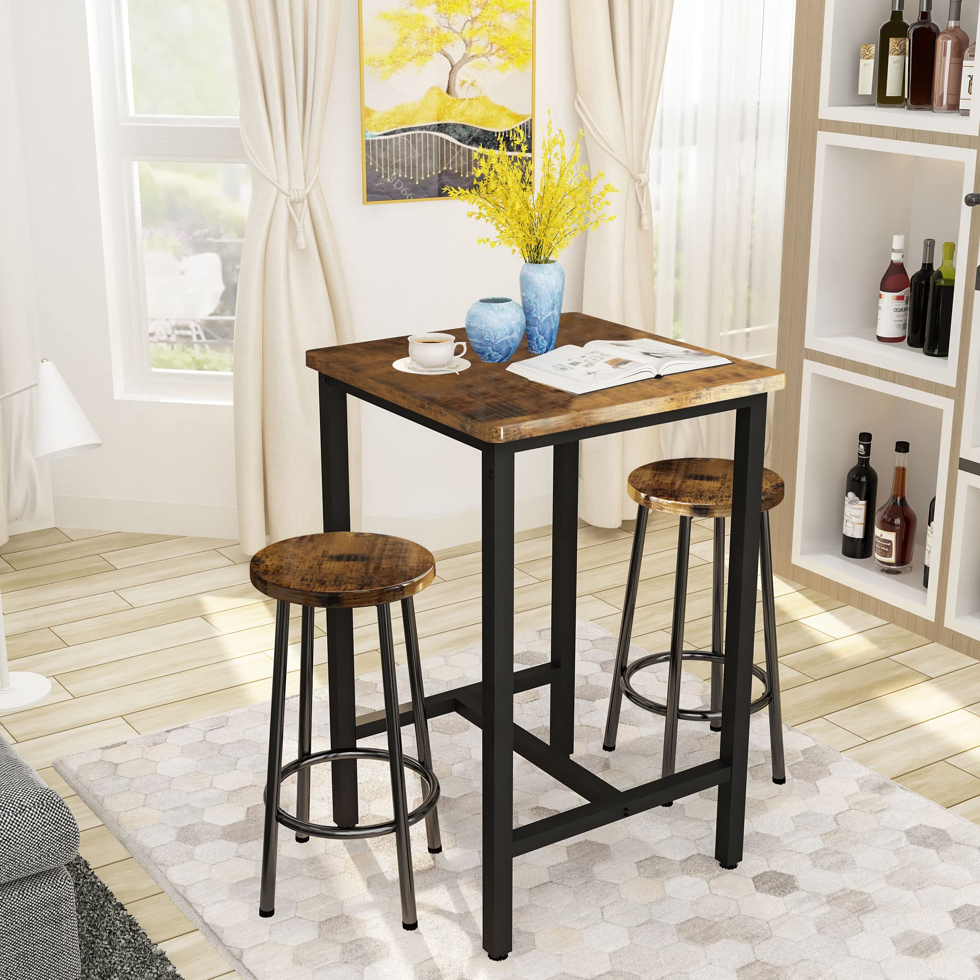 Lamerge Bar Table Set, Square Bar Table Set with Stool, Bistro Table and Chairs Set of 2, Pub Table and Chairs Set for Dining Room, 23.5inch Kitchen Table, Rustic Brown