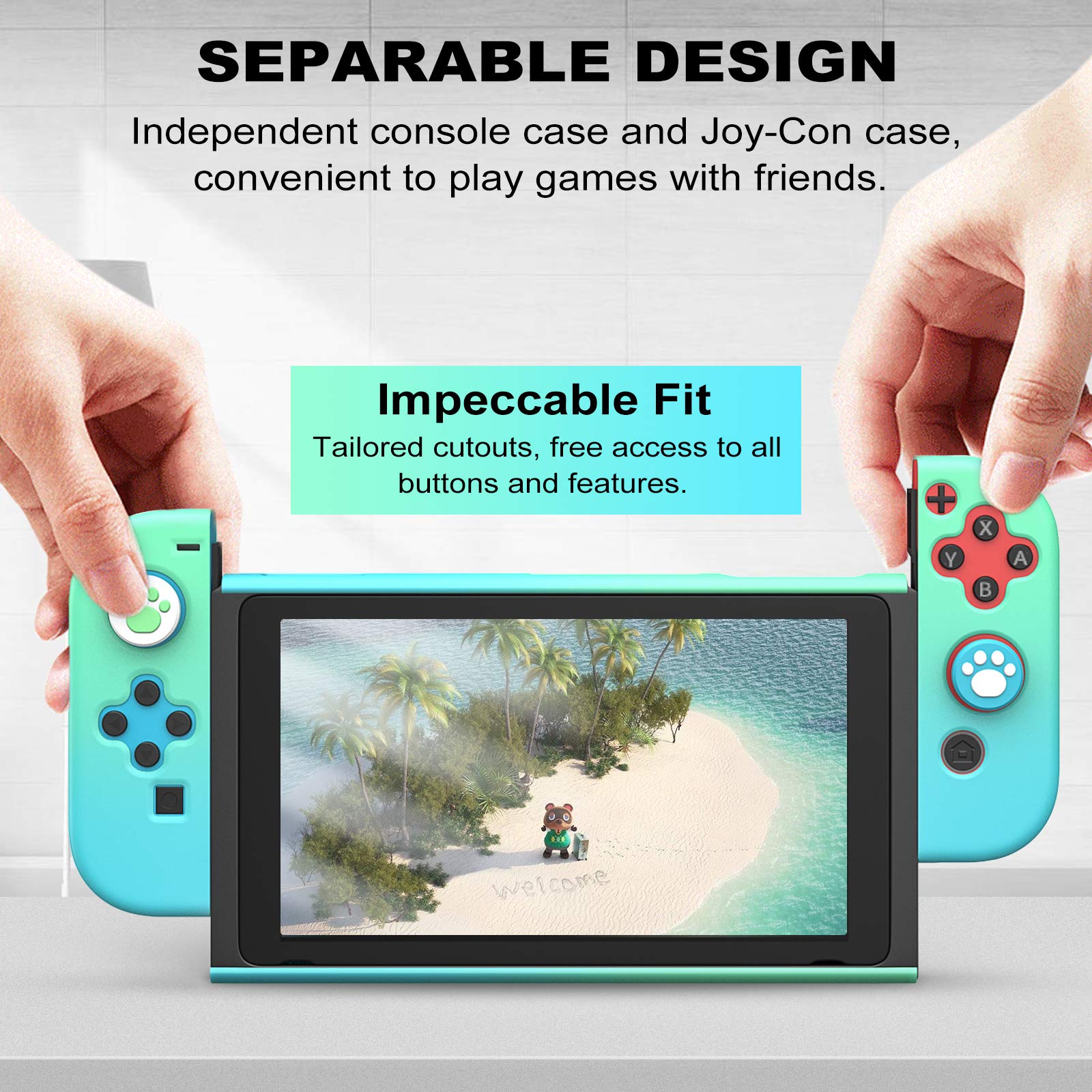 MoKo Dockable Case Compatible with Nintendo Switch,Protective Cover Compatible with Switch Console and Joy-Con Controller,4 Thumb Grip Caps & 2 HD-Clear Tempered Glass Screen Protectors, Blue + Green
