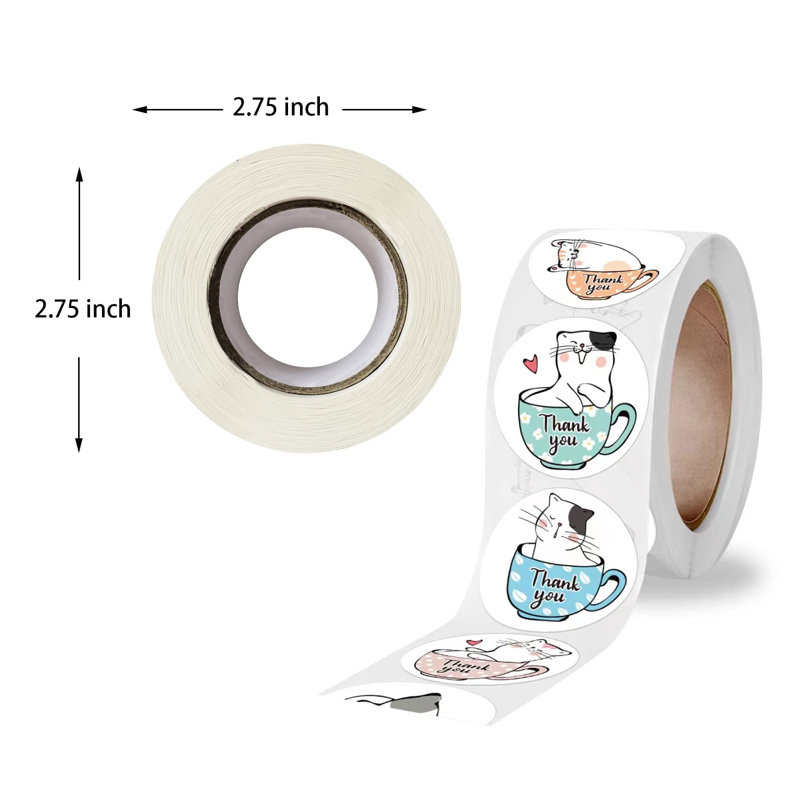 Seaokais Thank You Stickers, 1.5'',Round,Cute Cat Cartoon,500pcs per Roll (2 Rolls)