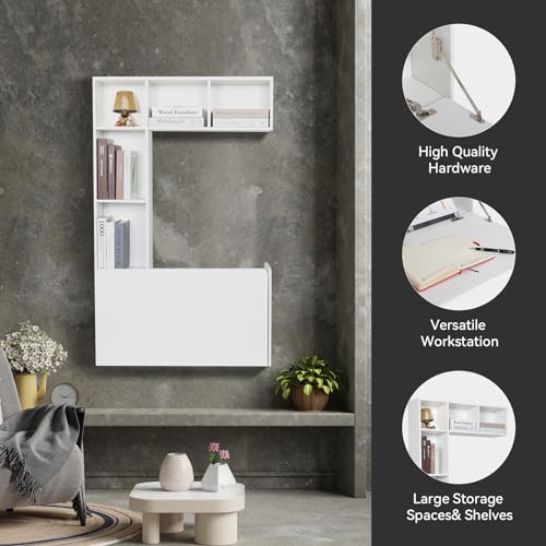 YUSING Floating Desk, Wall Mounted Table, Multifunctional Fold Down Wall Mounted Laptop Computer Workstation with Storage Shelves(Large)