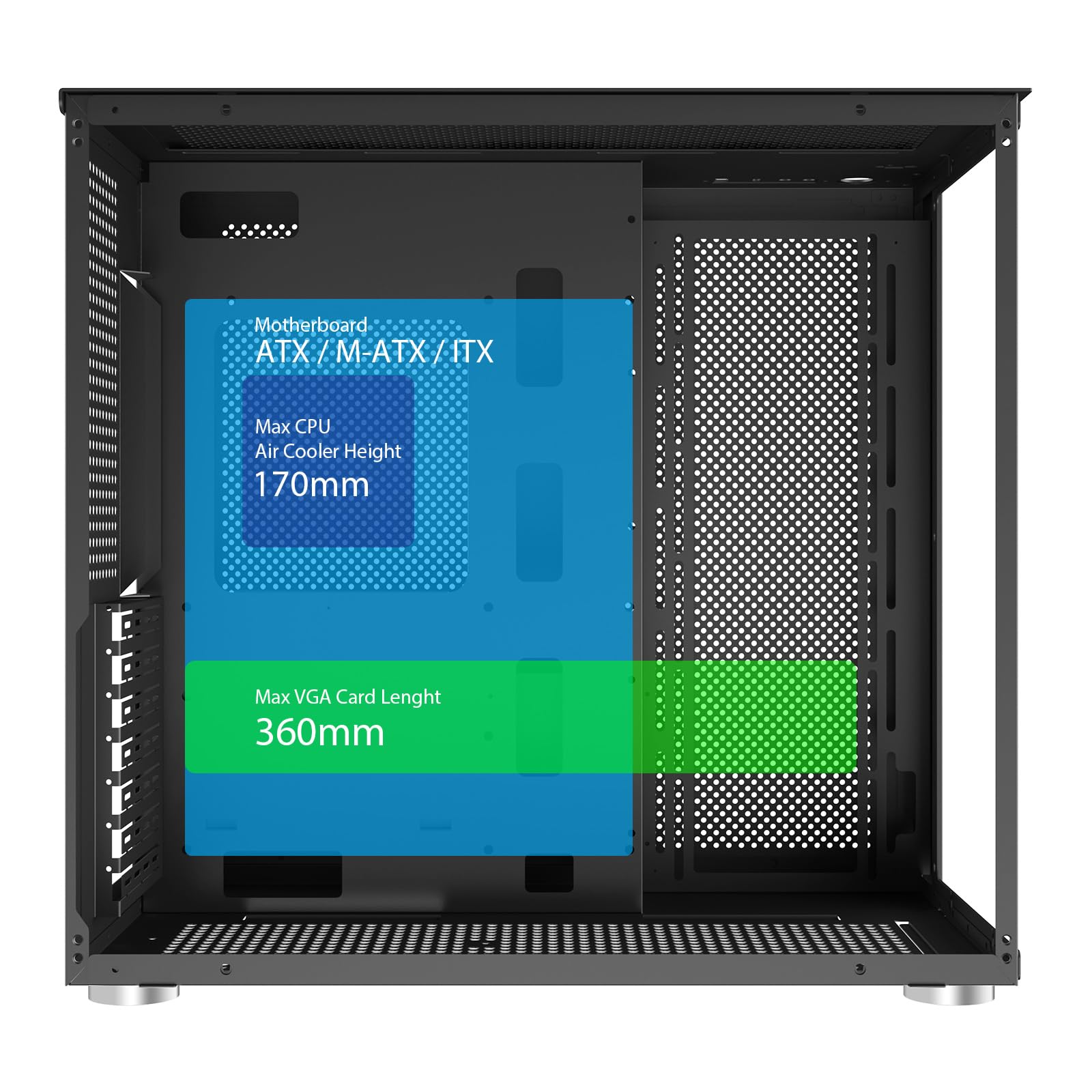 SZD S580 ATX Mid-Tower PC Case, Desktop Gaming Computer Chasssis, Front I/O USB Type-C Port, Dual Tempered Glass Panels, High-Airflow Perforated Top Panel, Fan not Included(Black)