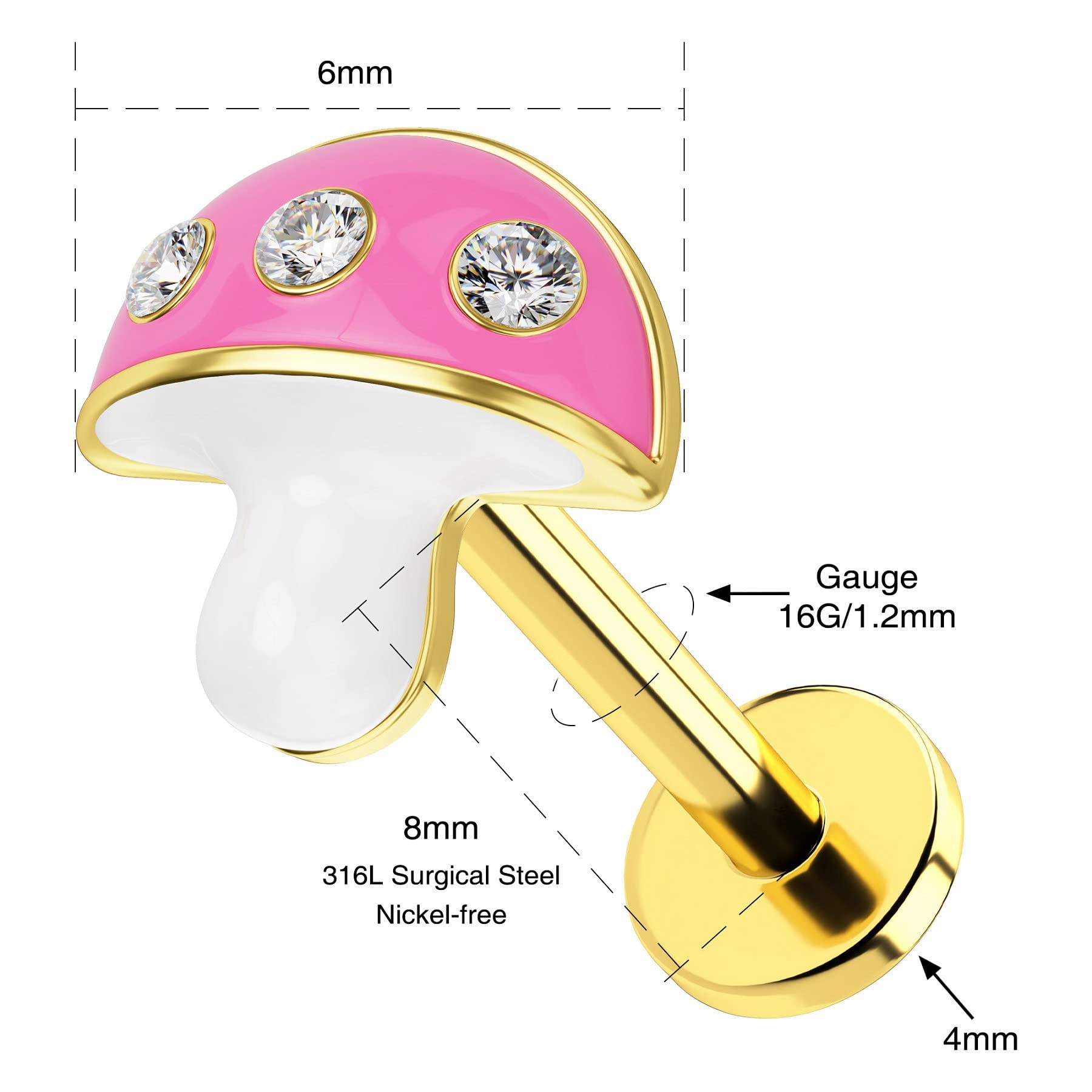 OUFER 16G Lip Ring Studs, 316L Stainless Steel Mushroom Internally Threaded Labret Piercing Jewelry, Paved CZ Lip Rings Helix Tragus Stud Cartilage Earring