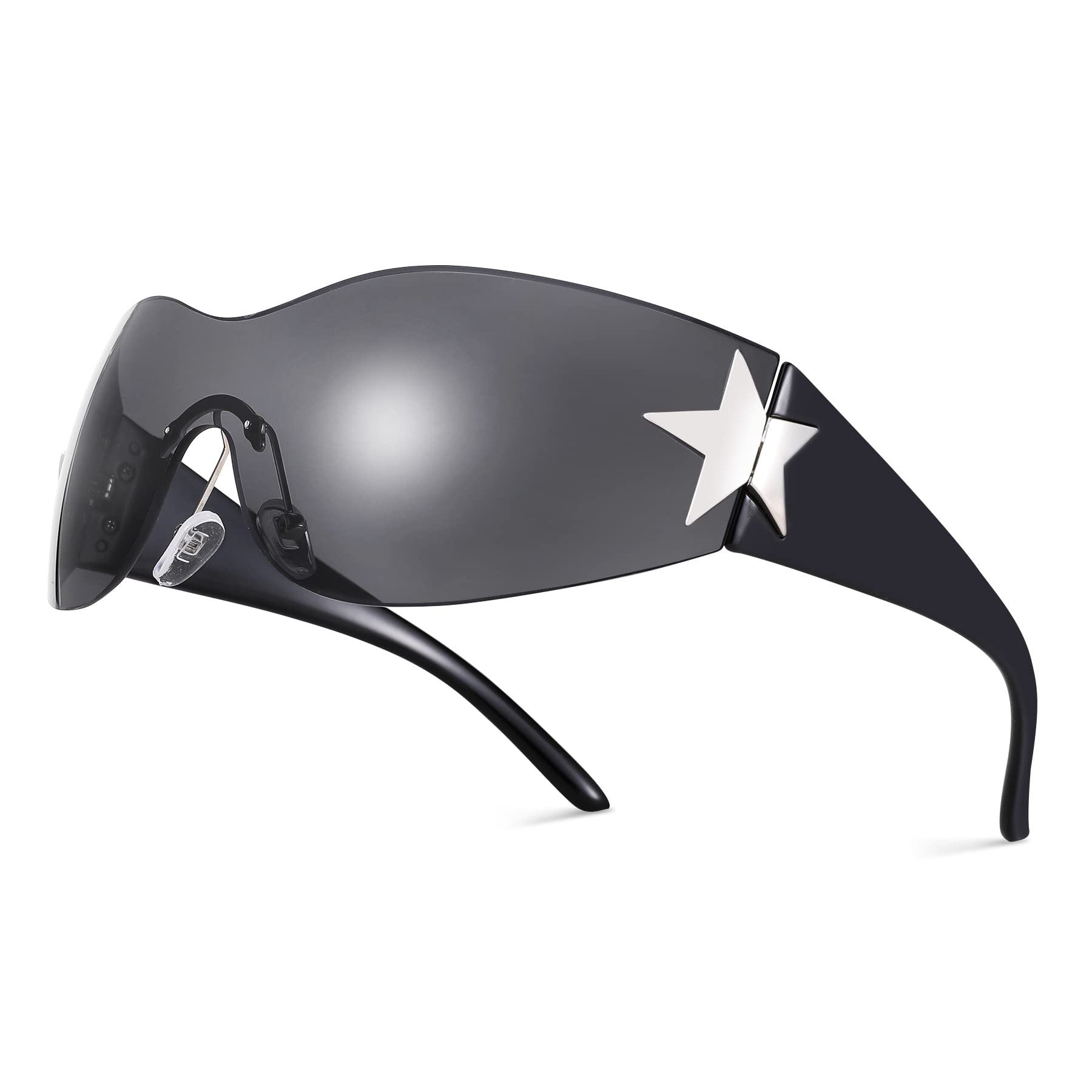 Pro Acme Y2k Star Sunglasses Women Wrap Around Glasses Trendy Rimless Shield Oversized Fashion Frameless(Black)