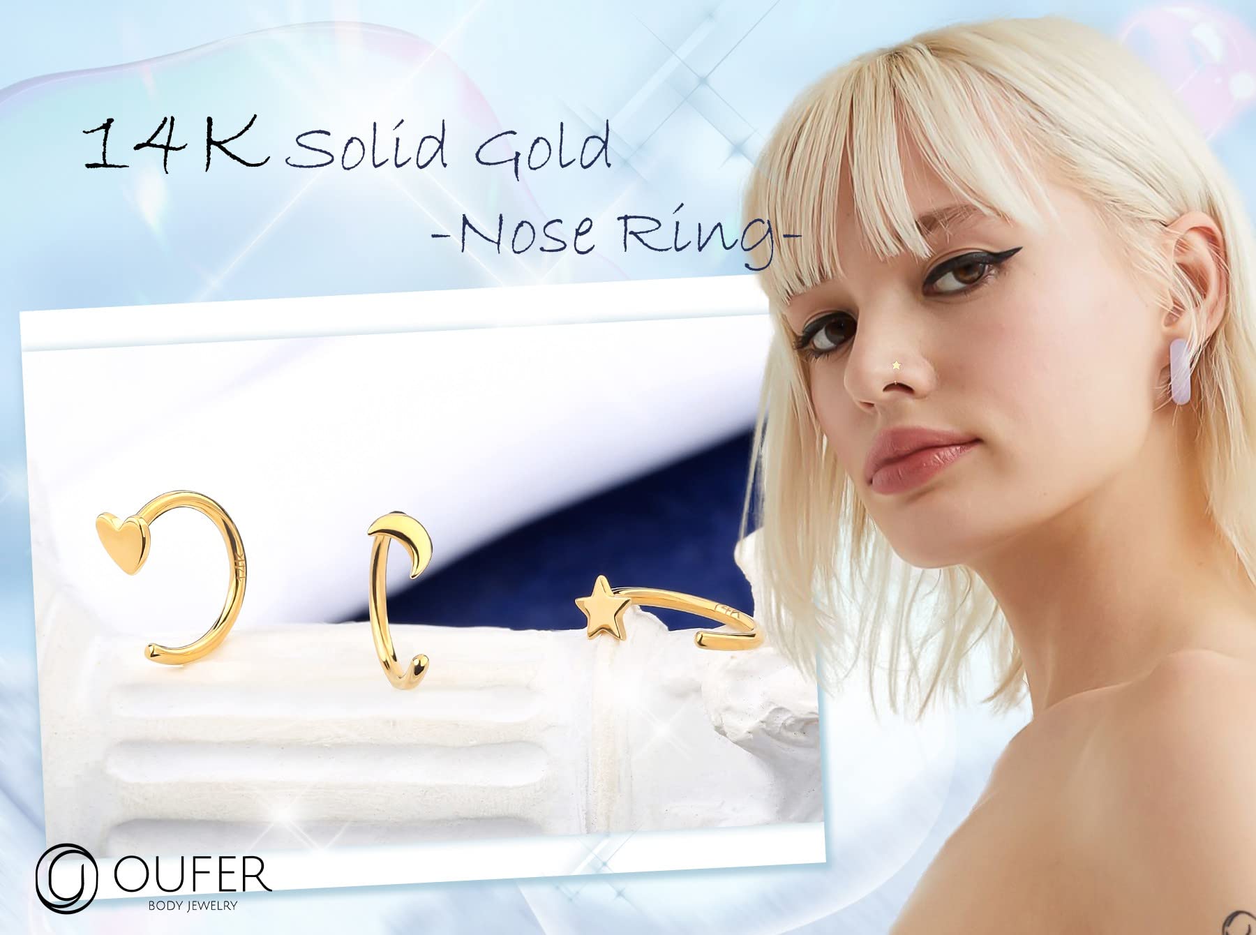 OUFER 18G Nose Ring Hoop, 14K Solid Gold Star Design Cartilage Earrings, Nose Piercing Jewelry for Women and Men
