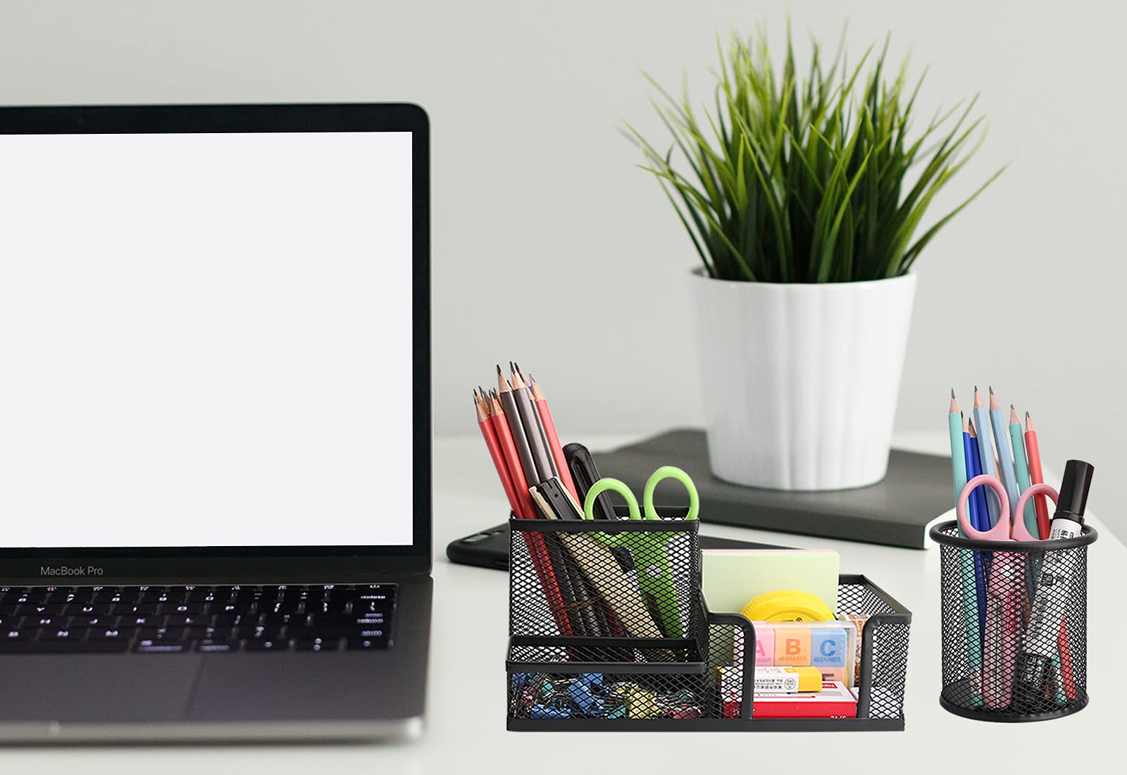 KeFanta Pen Holder Pencil Holders for Desk Pencil Cup,4 Compartments Pen and Pencil Holders,2 Piece Mesh Stationery Organizer for Office Desk,Black Office Supplies Accessory for Desktop
