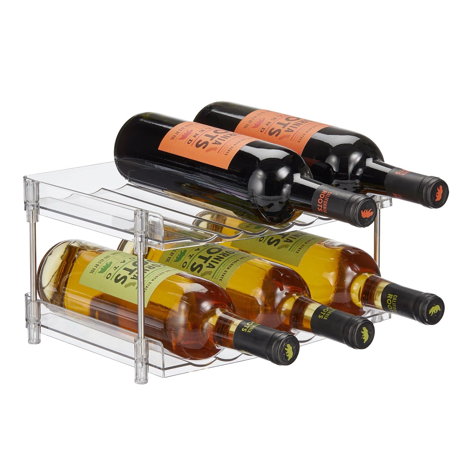 mDesign Free-Stand Stackable 2-Tier Bottle Holder, 8 Small Bottles, 6 Large Bottles of Water, Wine - Drink Organizer Shelf for Kitchen Counter, Cabinet, Pantry, Fridge, Freezer, 2 Pack, Clear/Polished