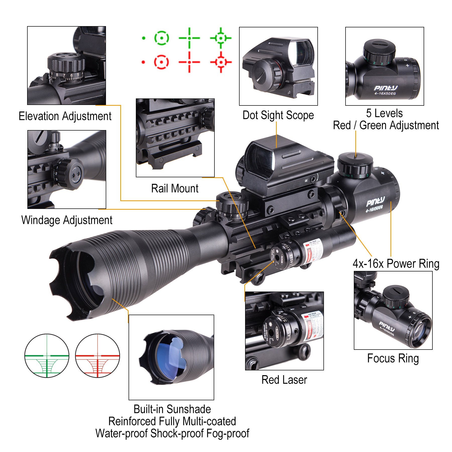 Pinty 3 in 1 Scope Combo 4-16x50EG Illuminated Rifle Scope + 4 Reticle Red&Green Reflex Sight + Red Dot Laser