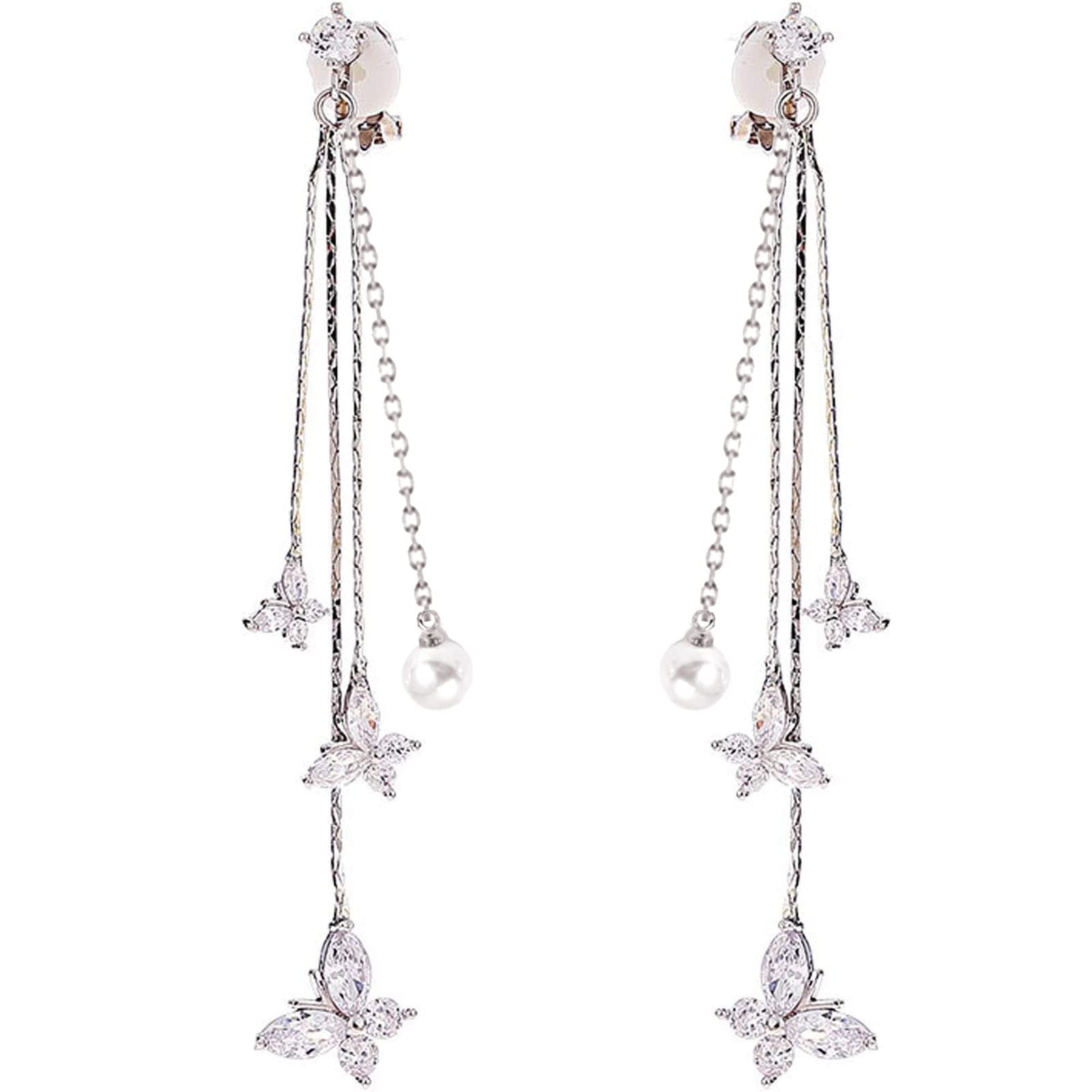 Long Tassel Butterfly Clip on Earrings Tiered Drop Dangle Cubic Zirconia non Pierced for Women