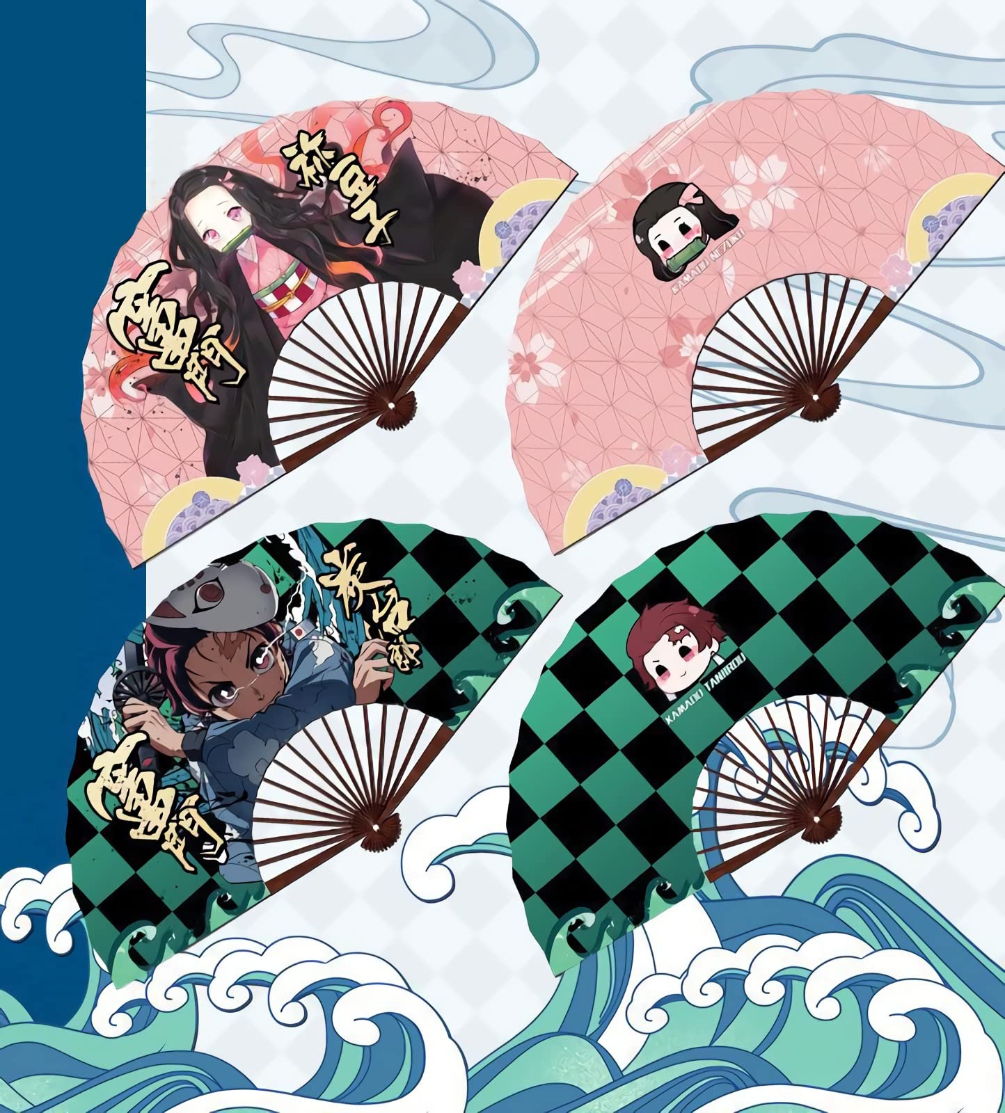 PonPom Anime Folding Hand Rave Fan,Character Cosplay Props for Women Men(Kamado Tanjirou)