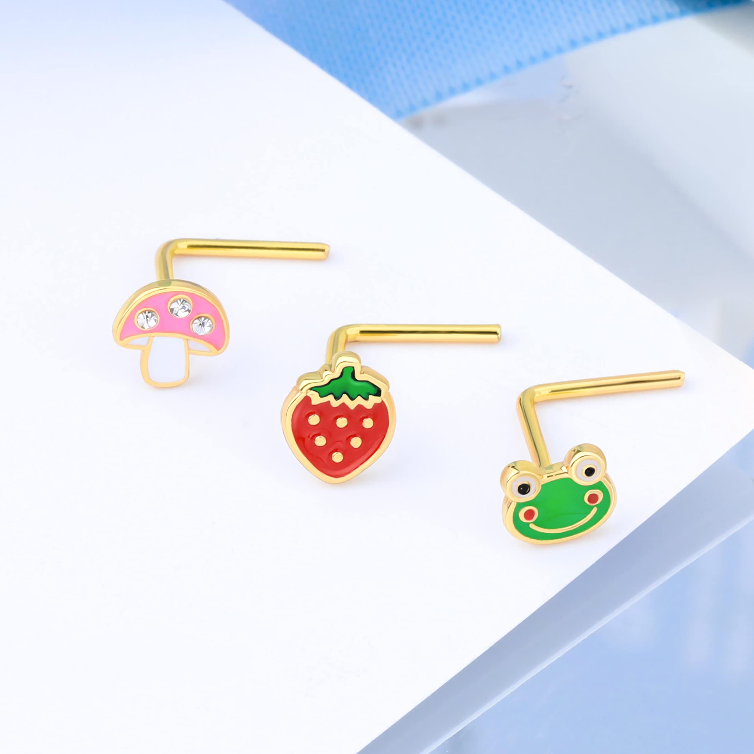 OUFER 20G Gold Nose Studs, Frog L-Shaped Stainless Steel Nose Ring Stud, Mushroom Nostril Piercing Jewelry for Women