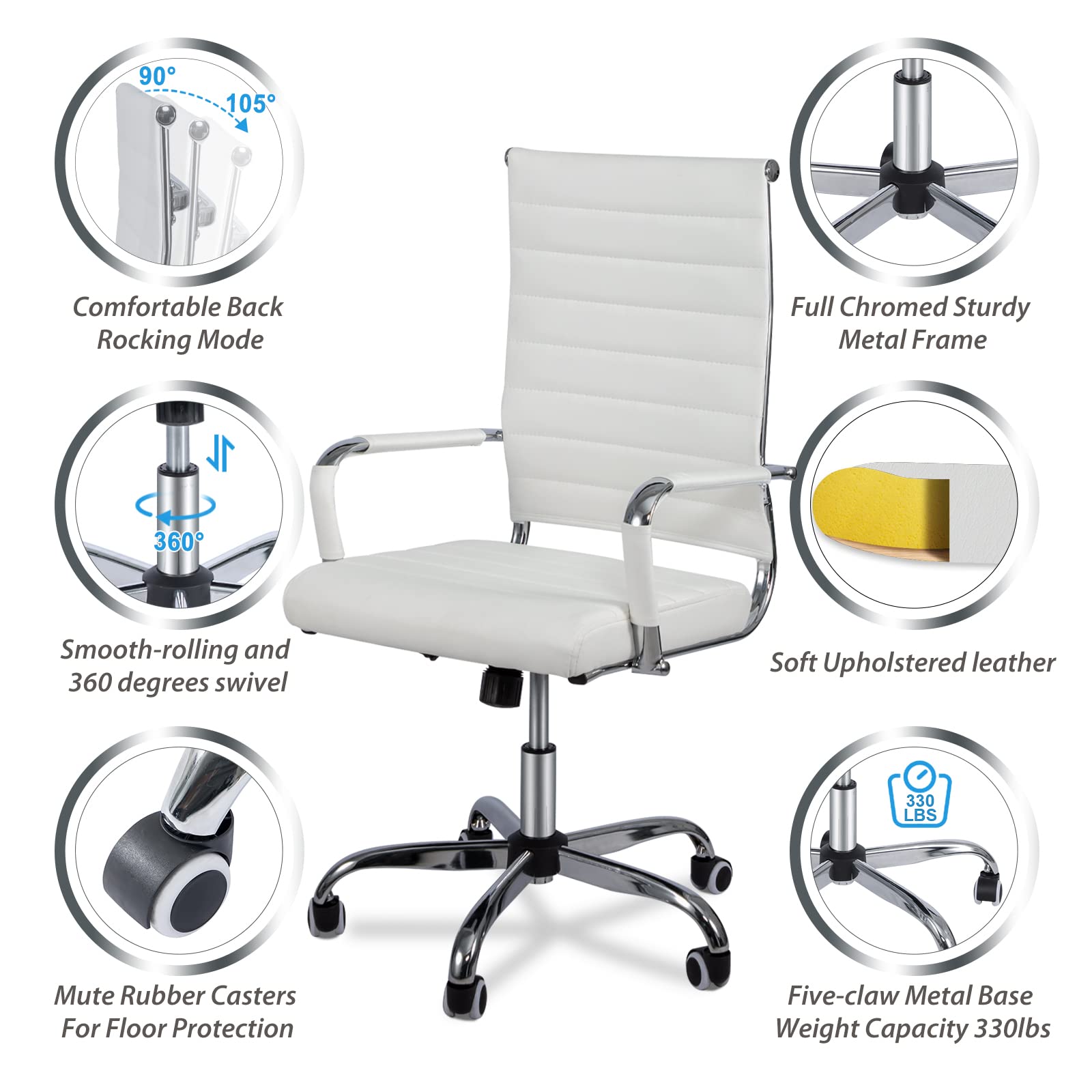 LUCKWIND Office Executive Desk Chair Ribbed - Ergonomic Modern PU Leather Conference Task Chairs Height Adjustable Tilt Rokcer Reception Swivel Arm Chair Rolling Mute (White)