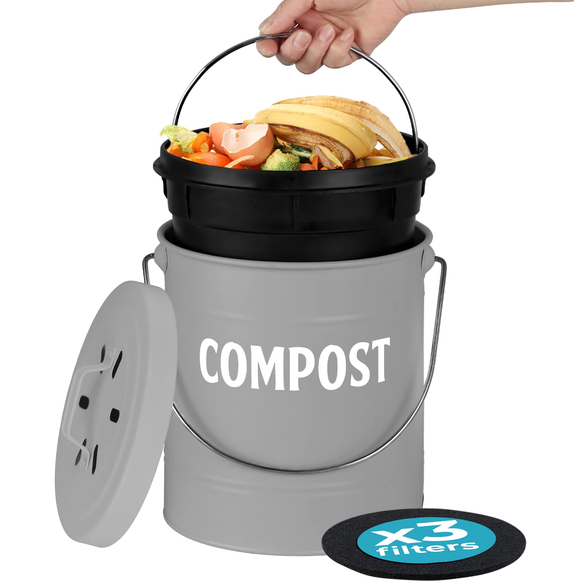Kitchen Compost Bin by Saratoga Home - 1.3 Gal/5L Metal Compost Bucket for Kitchen Countertop, Kitchen Composter, Countertop Compost Bin, Compost Bin Kitchen, Kitchen Compost Bin Countertop, Gray
