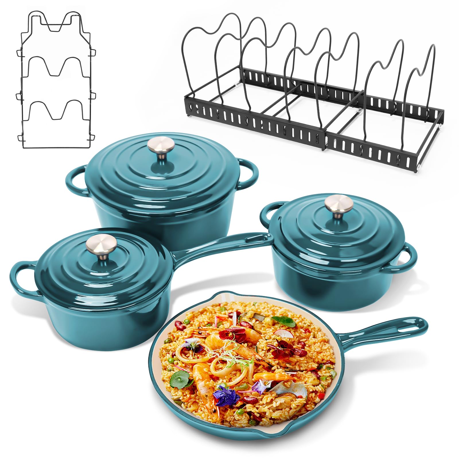 Uniflasy Enameled Cast Iron Cookware Set, 9-Piece Set Nonstick Ceramic Dutch Oven Stove Pots, Skillet, Pans, Lids,Storage Rack and Lid Holder, Oven Safe & Compatible with All Stovetop, Teal Ombre