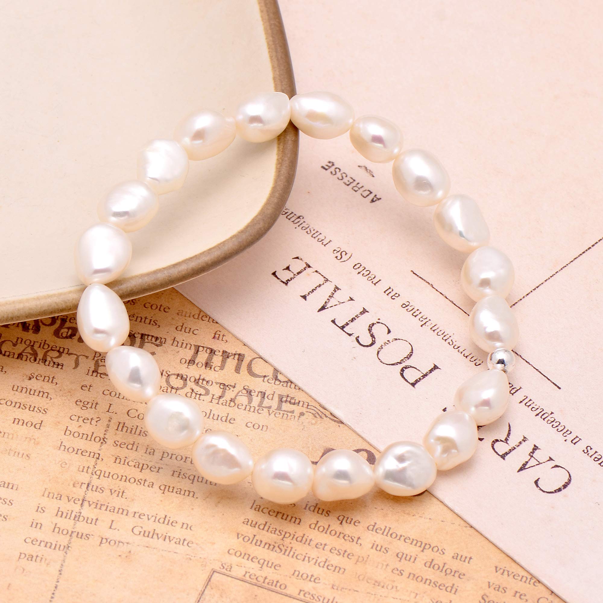 Paialco 8-9MM Freshwater Cultured Baroque Pearls Stretch Bracelet 7.0 Inches, Natural White Color