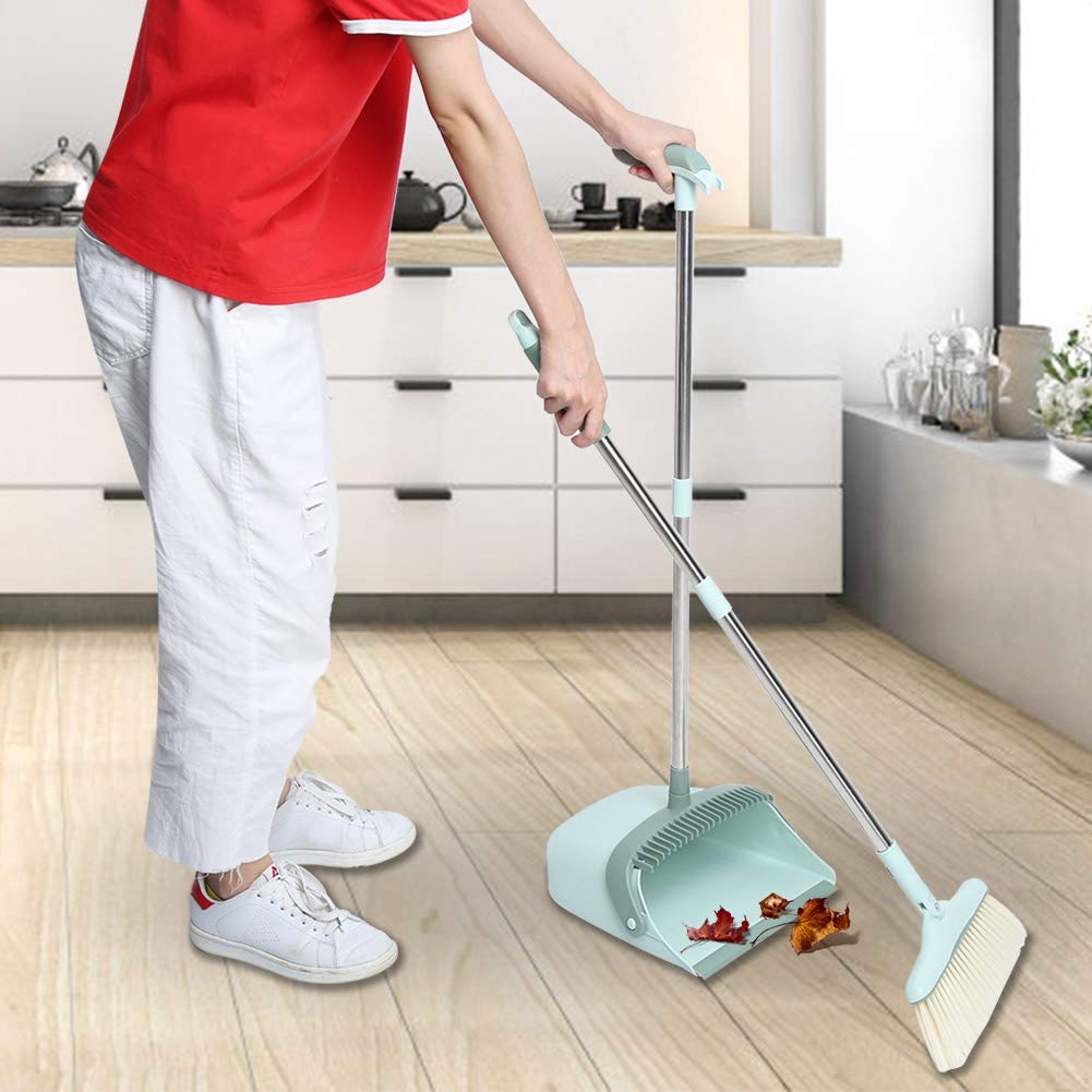 Tyenaza Dustpan Broom Set, Premium Long Handled Broom Dustpan Combo Upright Standing Broom and Dust Pan Brush with Handle for Indoor Outdoor Garage Kitchen Room Office Lobby Use