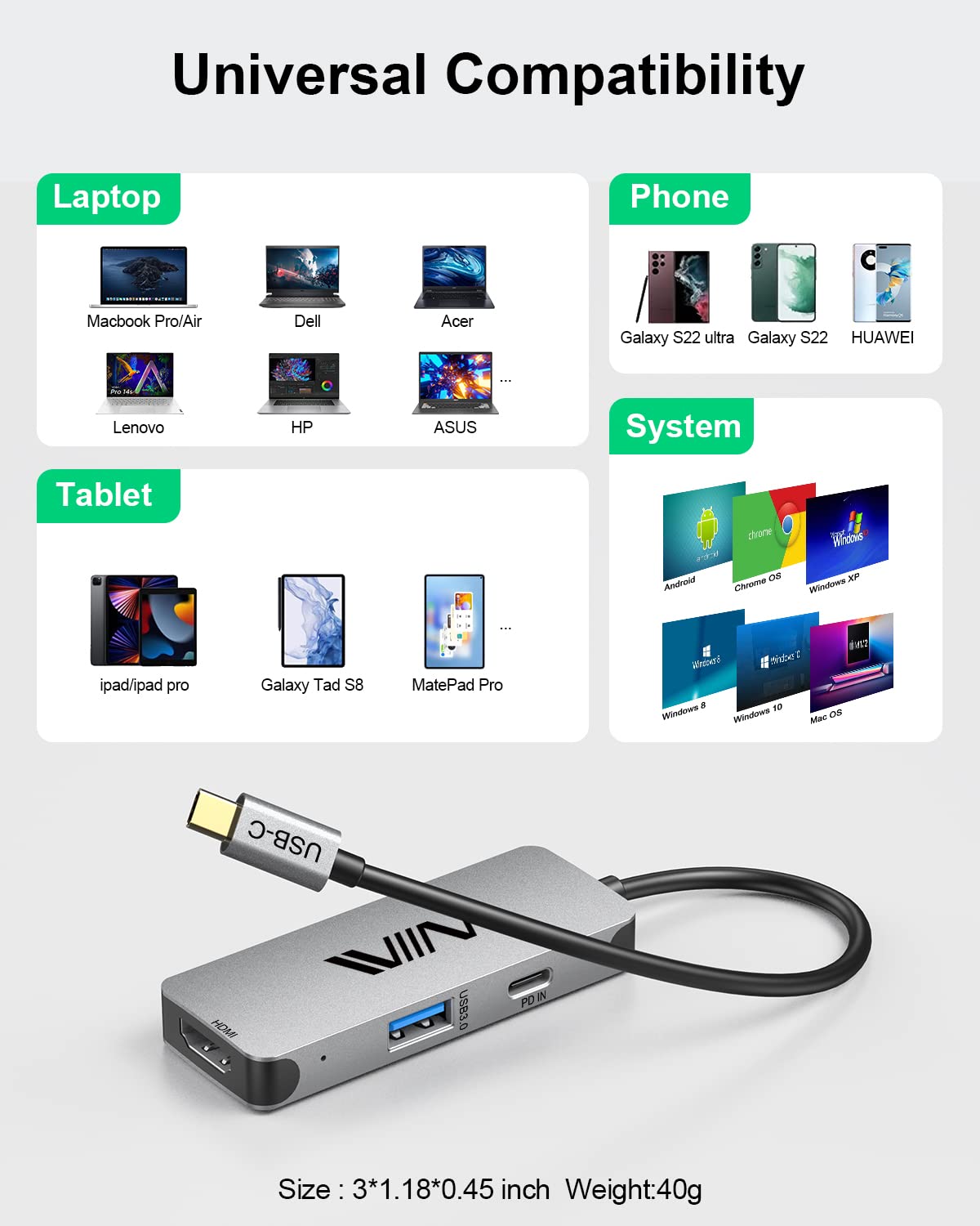 USB C to HDMI Adapter, IVIIN 3 in 1 USB Type C Hub with 4K HDMI, 100W PD,Travel USB C Adapter Compatible for Galaxy S20, iPhone 15, MacBook Pro/Air, iMac, iPad Pro, Surface 8,Thunderbolt 4/3
