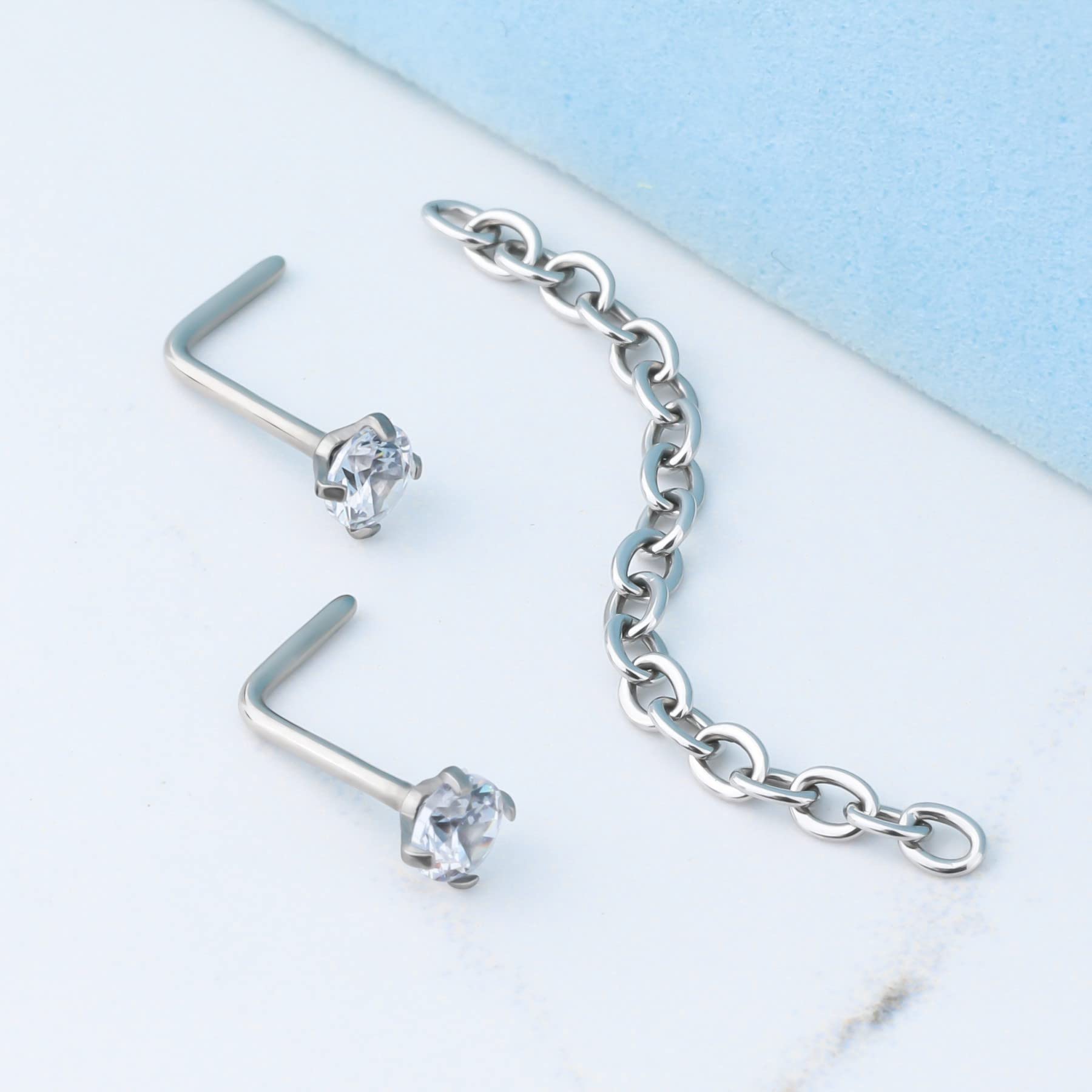 OUFER Solid Titanium Nose Rings, Chain 2PCS 20G Nose Studs, Nostril Clear CZ L Shaped Pack, Nose Piercing Jewelry Women Men