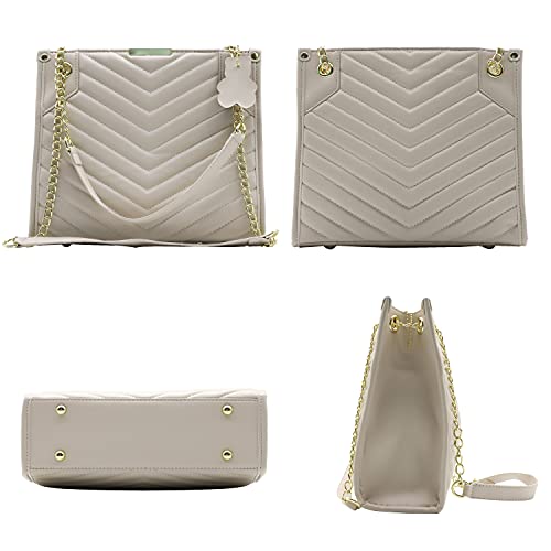 Quilted Shoulder Bag leather handbag designer Crossbody tote purse with Chain Strap for women Beige