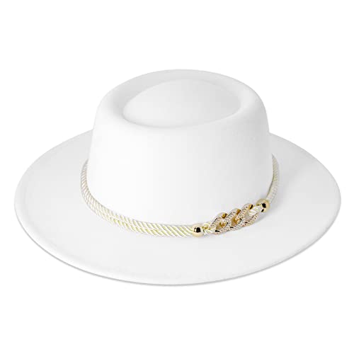 Lisianthus Women Wide Brim Fedora Hat with Belt Buckle Pork Pie Hat White
