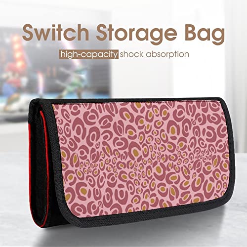 Pink and Gold Leopard Carrying Case Storage Holder Bag Printed Handbag for Switch Console Game and Slots Cards Accessories