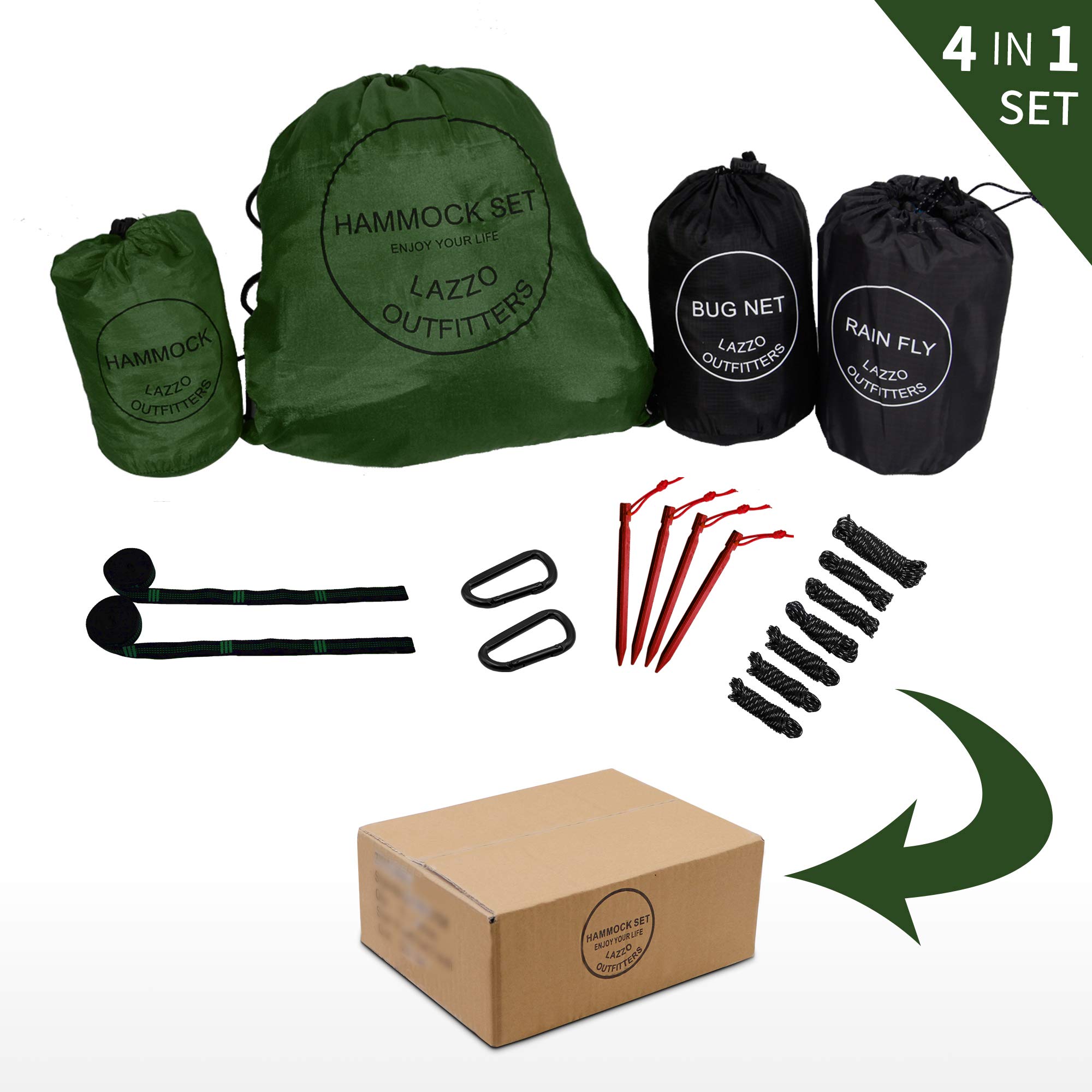 LAZZO Camping Hammock Set All-Inclusive,Double Hammock,Bug Net,Tarp,Suspension,Guyline,Stakes and Backpack,Perfect for Backpacking,Camping,Hiking & Yard (Olive, 10)