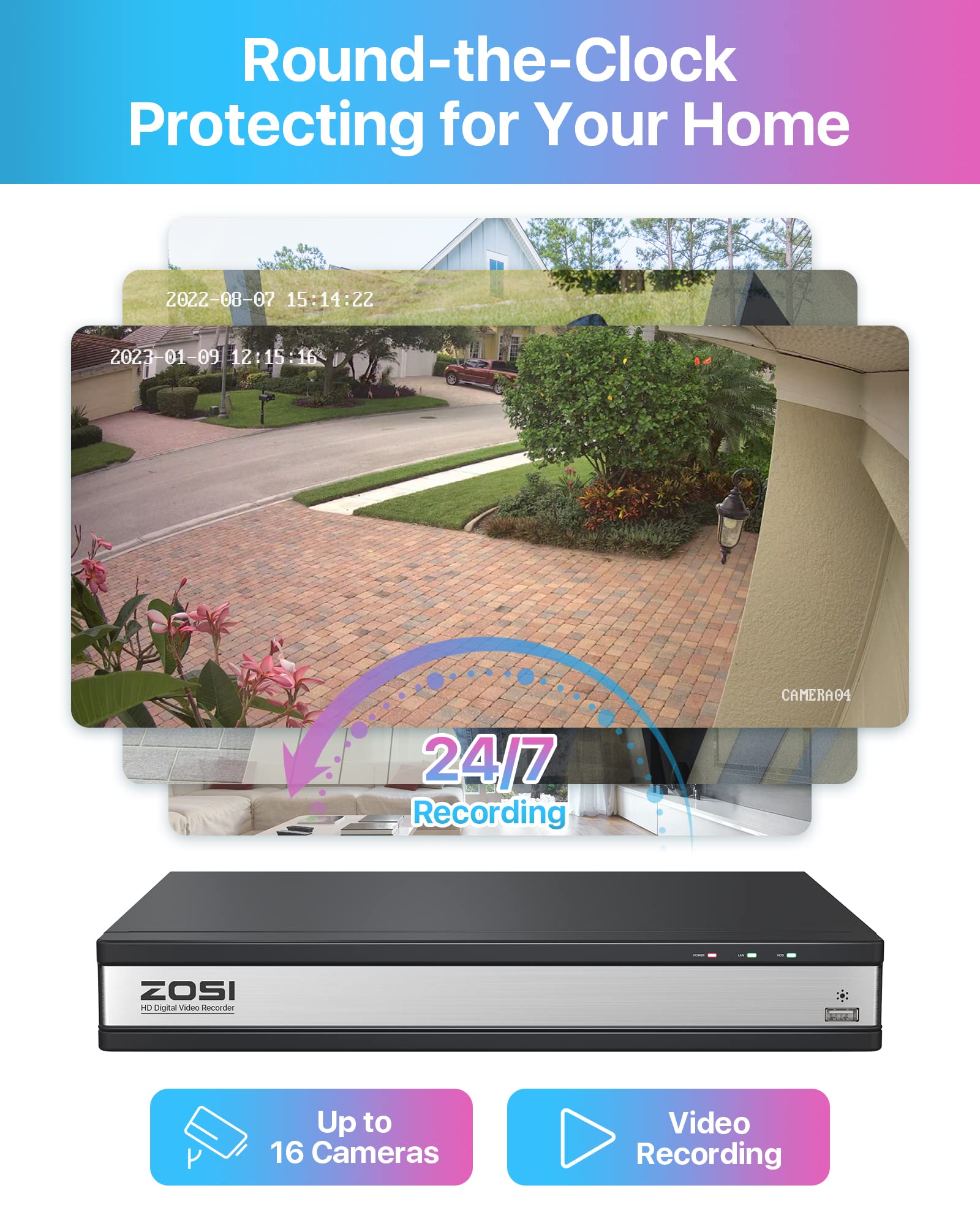 ZOSI 1080p 16 Channel Security Camera System with 2TB HDD, 16PCS 2MP 1080P Weatherproof Surveillance Camera, 16CH H.265+ HD-TVI 1080p CCTV DVR,80ft Night Vision,Motion Detection