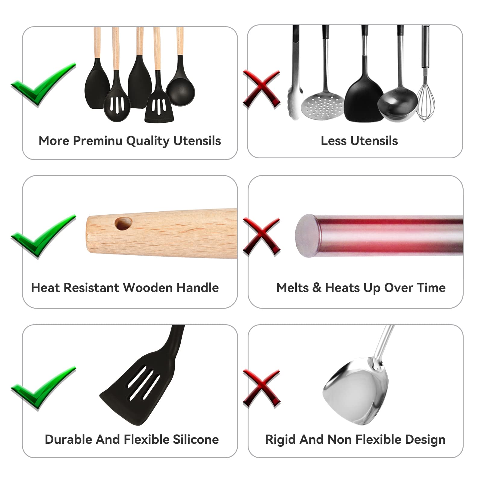 Kitchen Silicone Utensil Set,12 Pcs Non-Stick Silicone Kitchen Cooking Utensils With Wood Handles,Kitchen Spatula Cookware Utensils Set for High Heat Resistant Silicone kitchen Gadgets Set(Black)