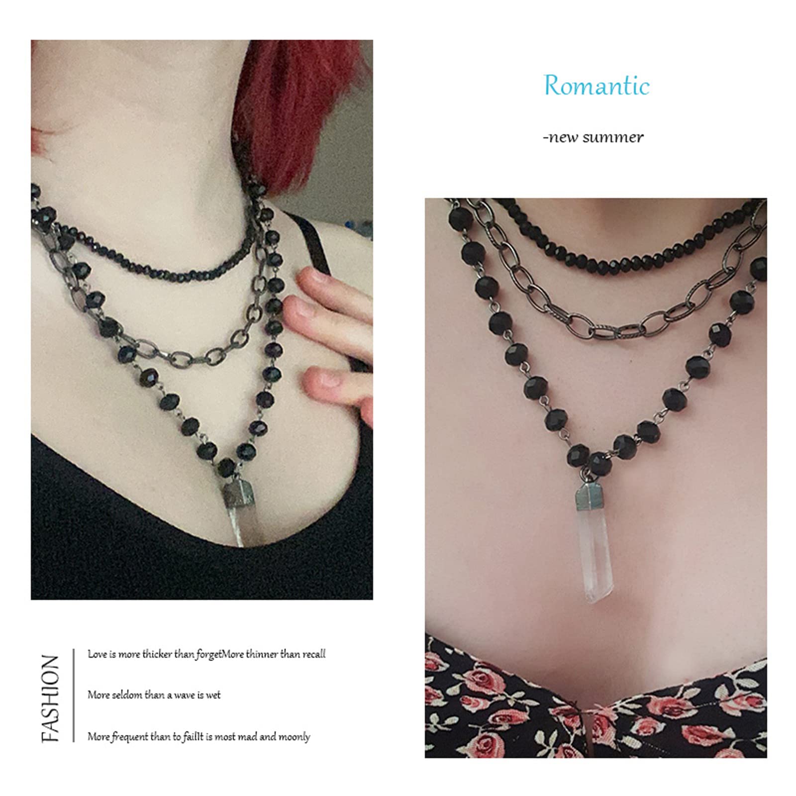 NW Grunge Necklace Gothic Punk Cross Rosary Black Beaded Crystal Goth Statement Emo Multi Layered Choker Necklace for Women