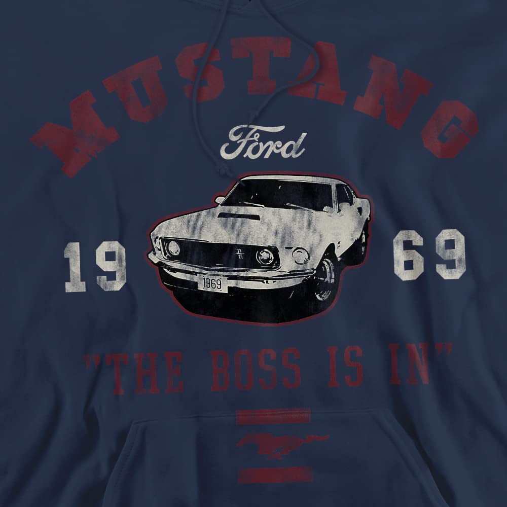 Popfunk Classic Ford Mustang The Boss Is In Unisex Adult Pull-Over Hoodie, Navy, Medium