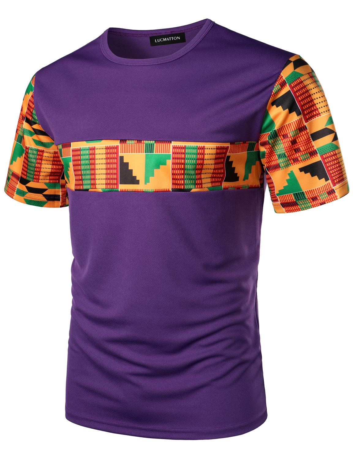 LucMatton Men's African Pattern Printed T-Shirt and Shorts Set Sports Mesh Tracksuit Dashiki Outfits Purple Large