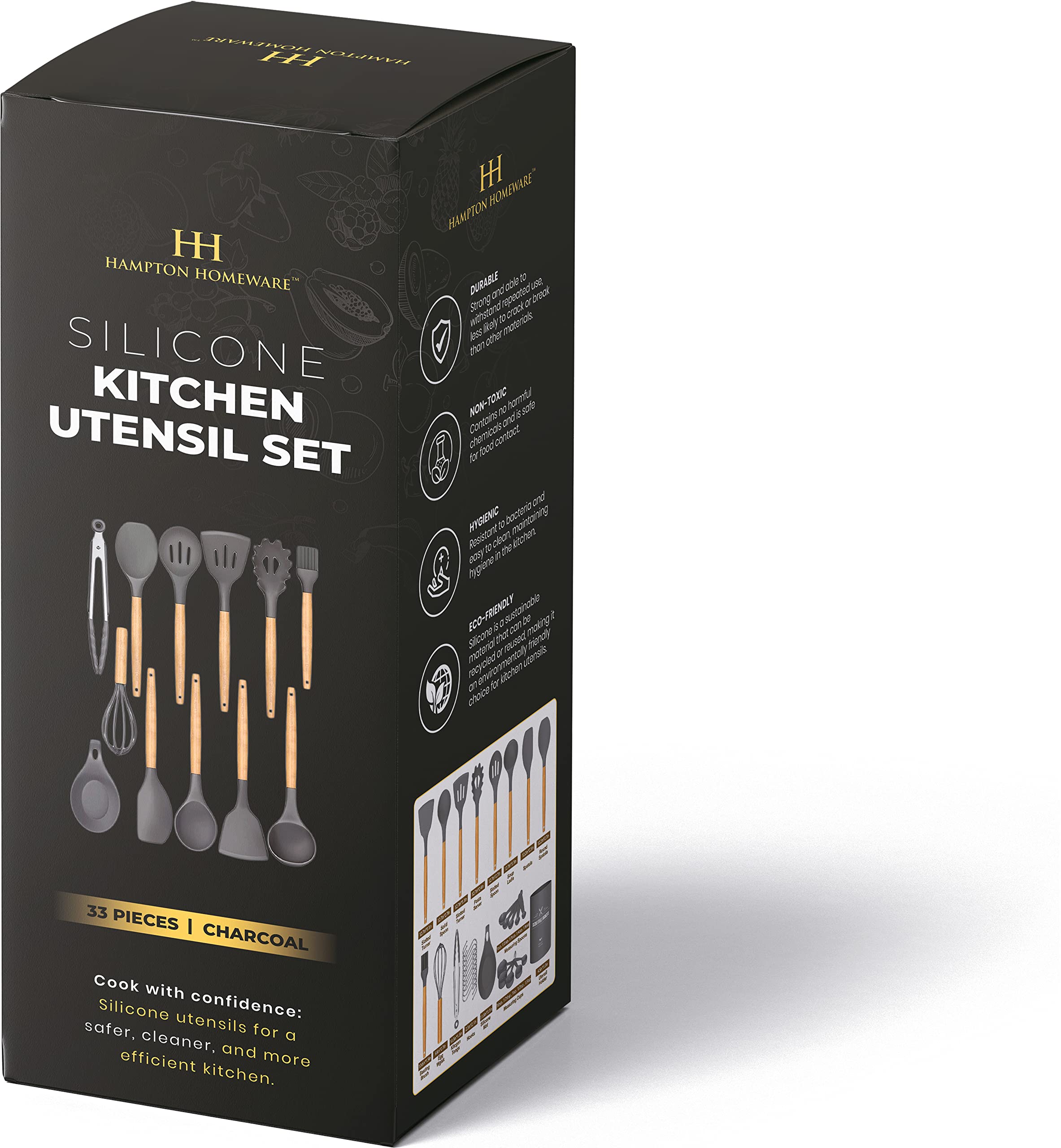 Kitchen Utensils Set, 33 pcs Non-Stick Silicone Cooking Utensils Set, Heat-Resistant Silicone, Wooden Utensils for Cooking, Kitchen Gadgets Spatula Set, Apartment Essentials Kitchen Set (Charcoal)