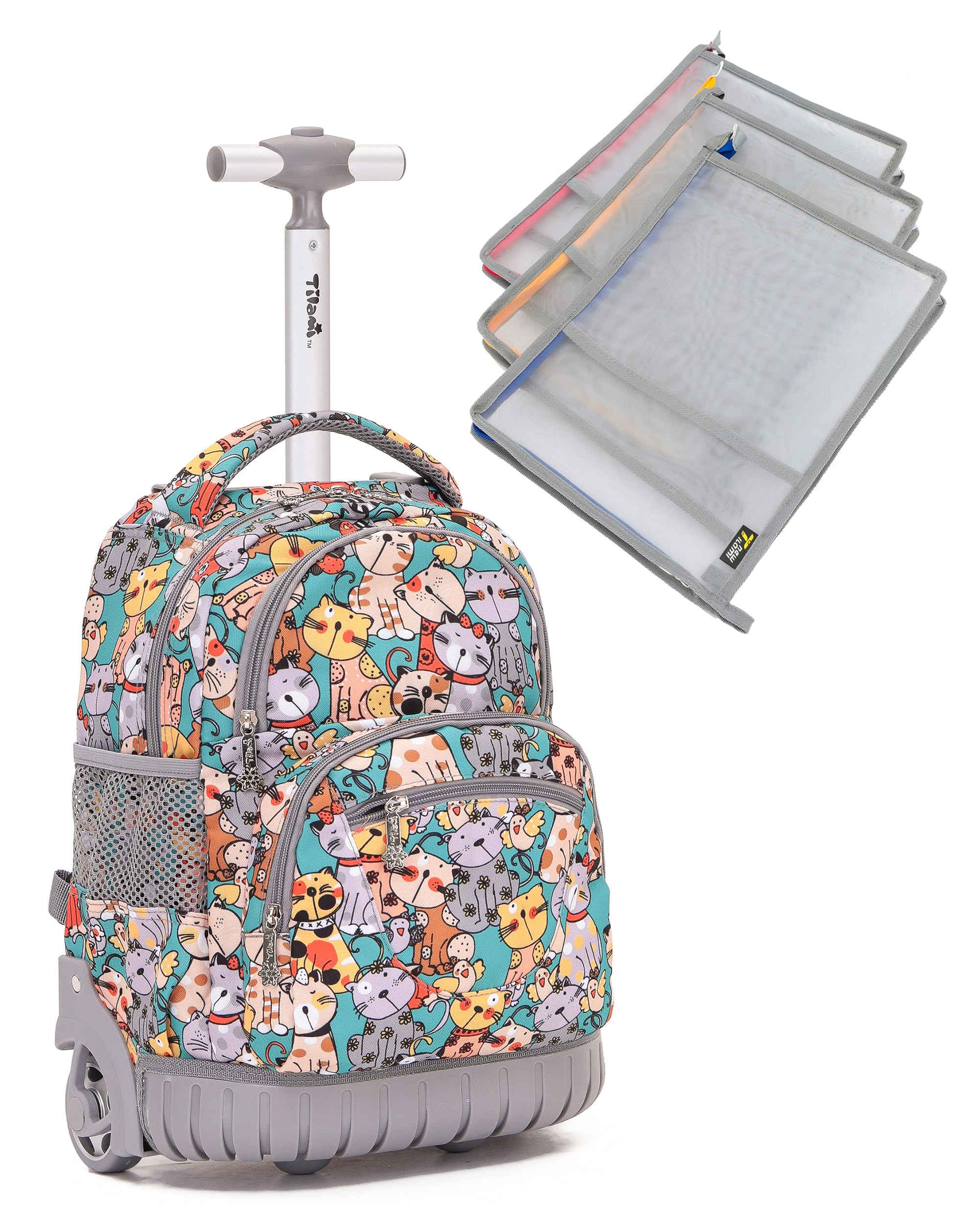 NEW TILAMI 16 Inches Rolling Backpack with Zipper Mesh Pouch Wheeled School Travel Student Bag Kids Rolling Backpack, Cat
