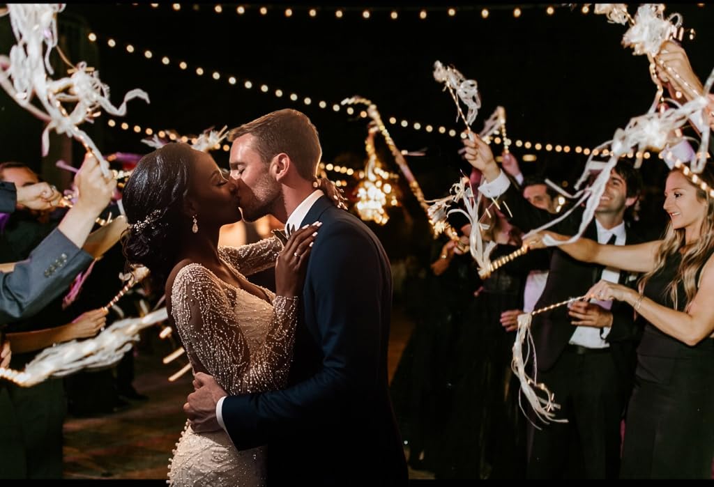 Wedding Sparklers Send Off,Wedding Streamers Light Up Fairy Wands White Glow Sticks with Bells for Reception Birthday Led Dark Party Wedding Church Exit Prop Recessional