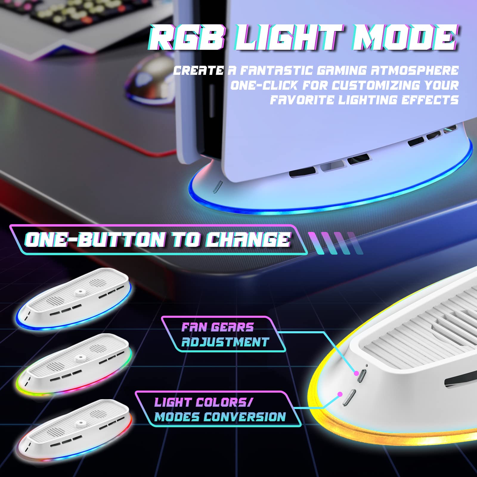 PS5 Cooling Station with RGB, IINE PS5 Vertical Stand with Suction Cooling Fan and Auto-Speed, PS5 Accessories for PS5 Console with 8 RGB Lighting Modes (White)