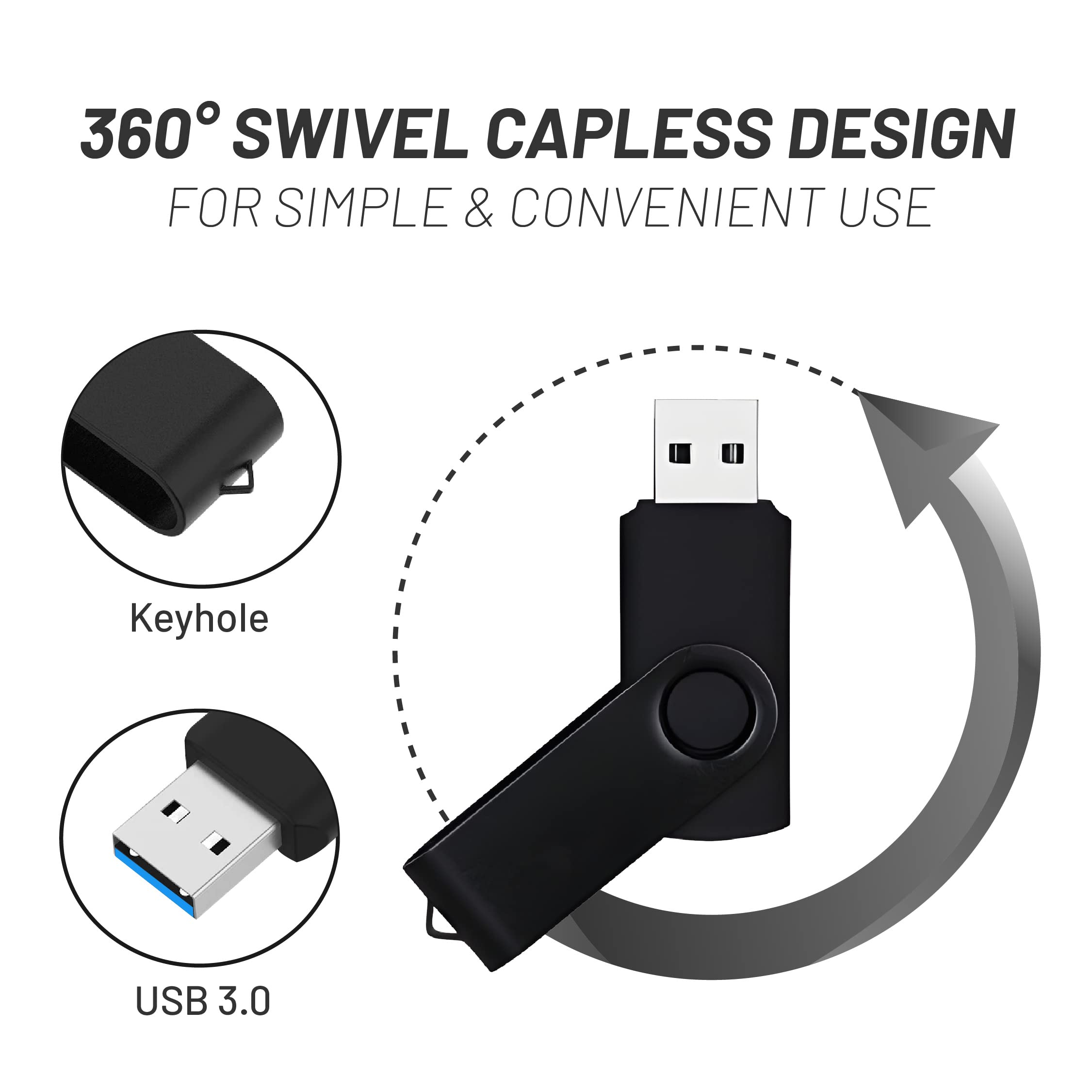 Vixelle 3 Pack 64GB High Speed USB 3.0 Flash Drive – Stylish All-Black 360° Metal Swivel USB Memory Sticks with Keychain Loop – Portable USB Pen Drive Bulk Pack for PC, Mac, TV, Car Audio, Video