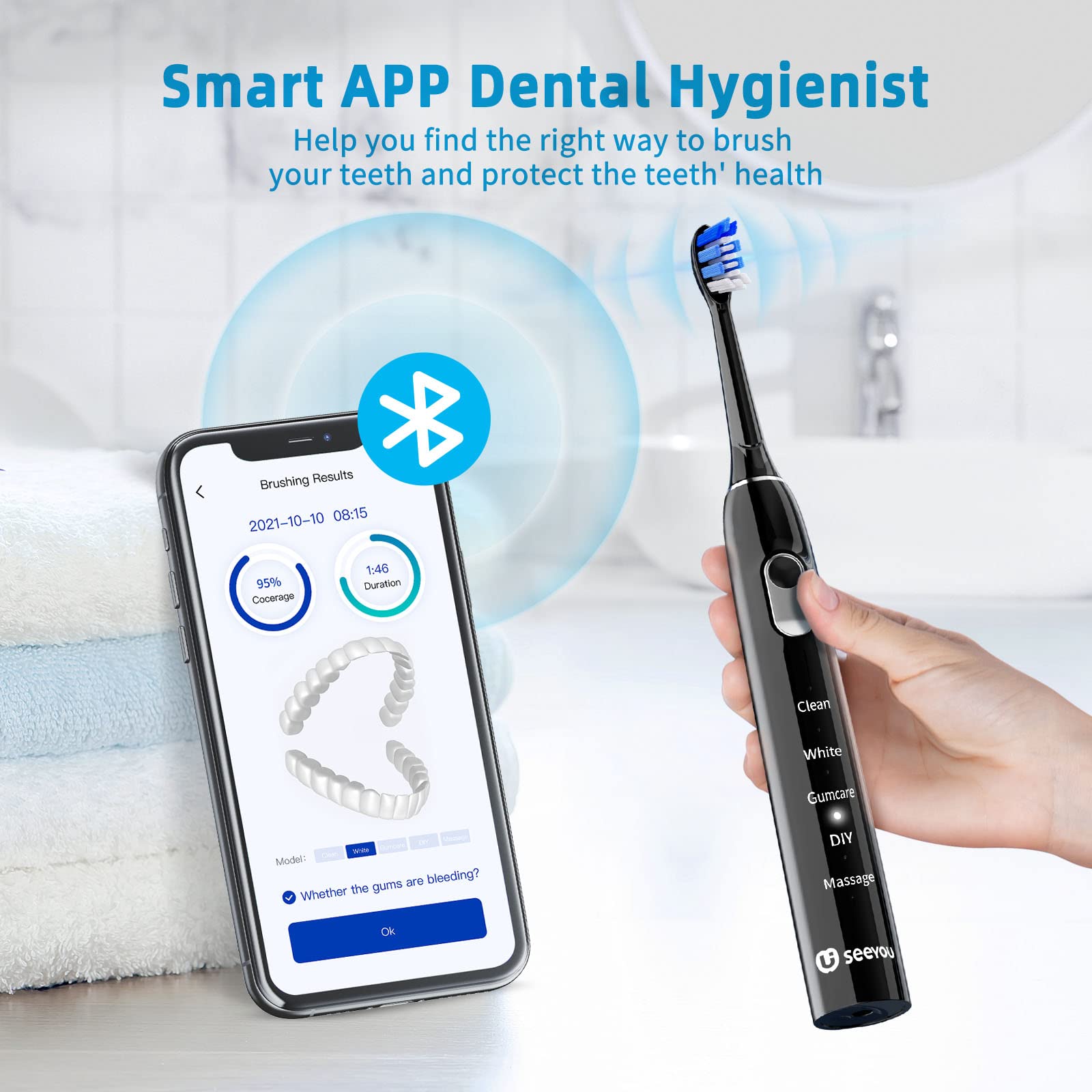 SEEYOU Electric Toothbrush for Adults, Rechargeable Sonic Toothbrush with App and 3 Brush Heads, 5 Modes 4 Mins Smart Timer, 10X Cleaning Toothbrush- Black