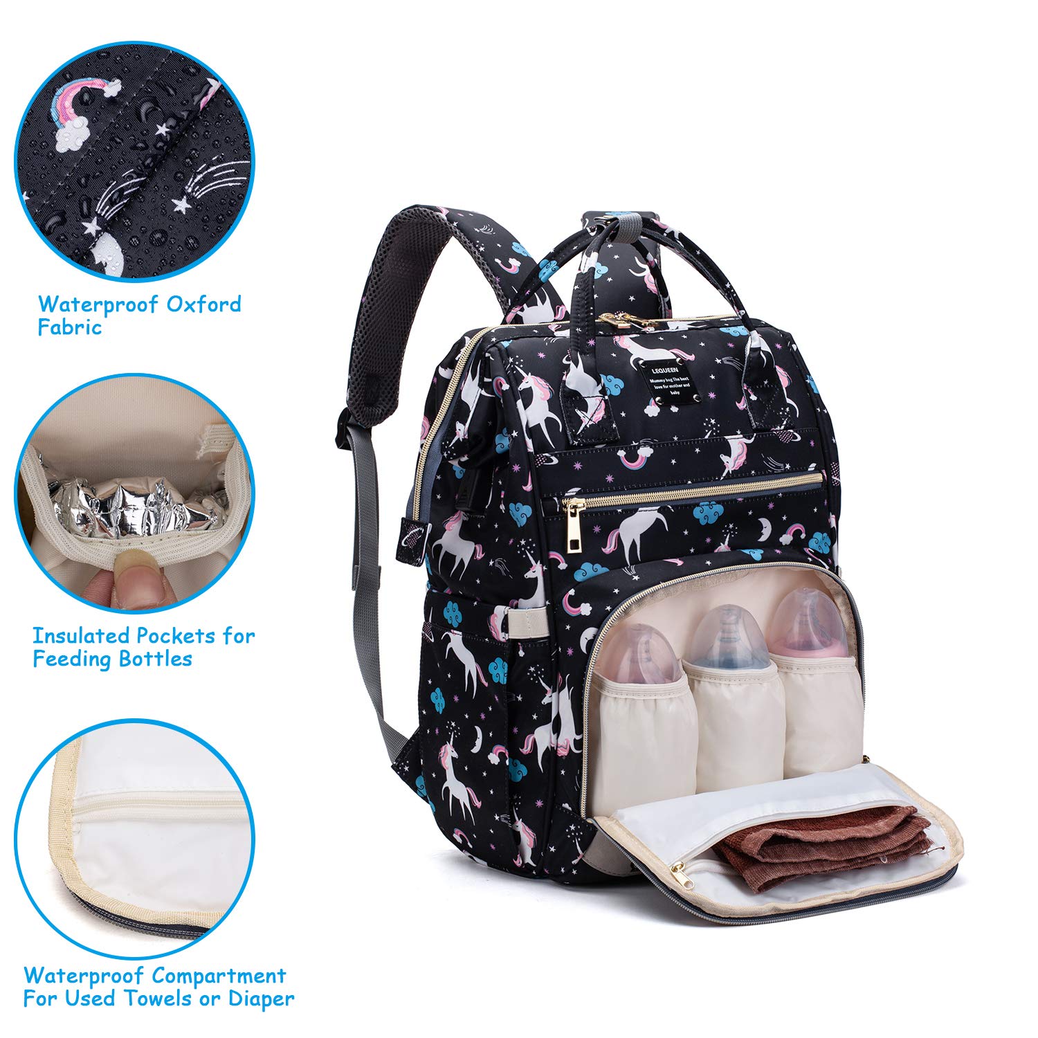 LEQUEEN Diaper Bag Backpack, Unicorn Multifunction Travel Back Pack Maternity Baby Changing Bags (Black)
