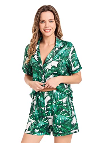 JULGIRL Women's Silk Satin Pajamas Short Sleeve Shorts Loungewear Two-Piece Button-Down Pj Set (X-Large, Palm Leaves)