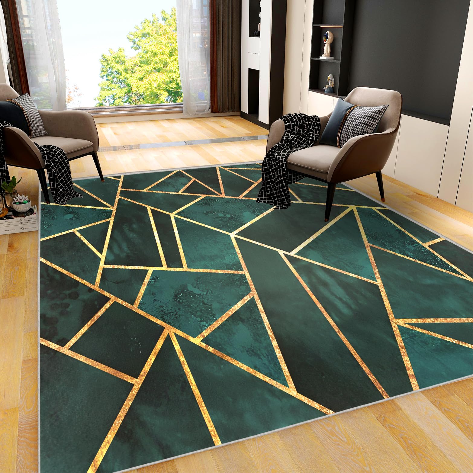 Tyrot Luxury Emerald Green Area Rug Modern Abstract Geometric Gold Lines Area Rugs Non Slip Washable Home Decor Rugs Floor Carpet for Living Room Bedroom, 5x7 feet